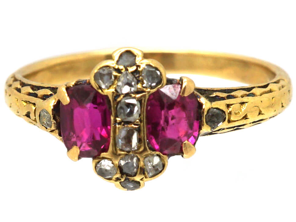 Georgian 18ct Gold Ring set with Two Rubies & Rose Diamonds (694W ...