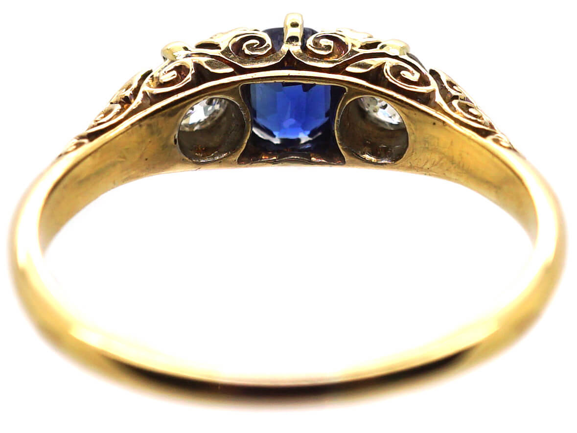 Edwardian 18ct Gold, Sapphire & Diamond Three Stone Carved Half Hoop ...