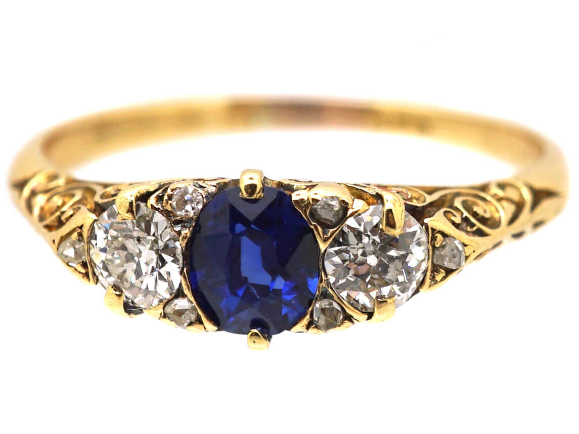Edwardian 18ct Gold, Sapphire & Diamond Three Stone Carved Half Hoop ...