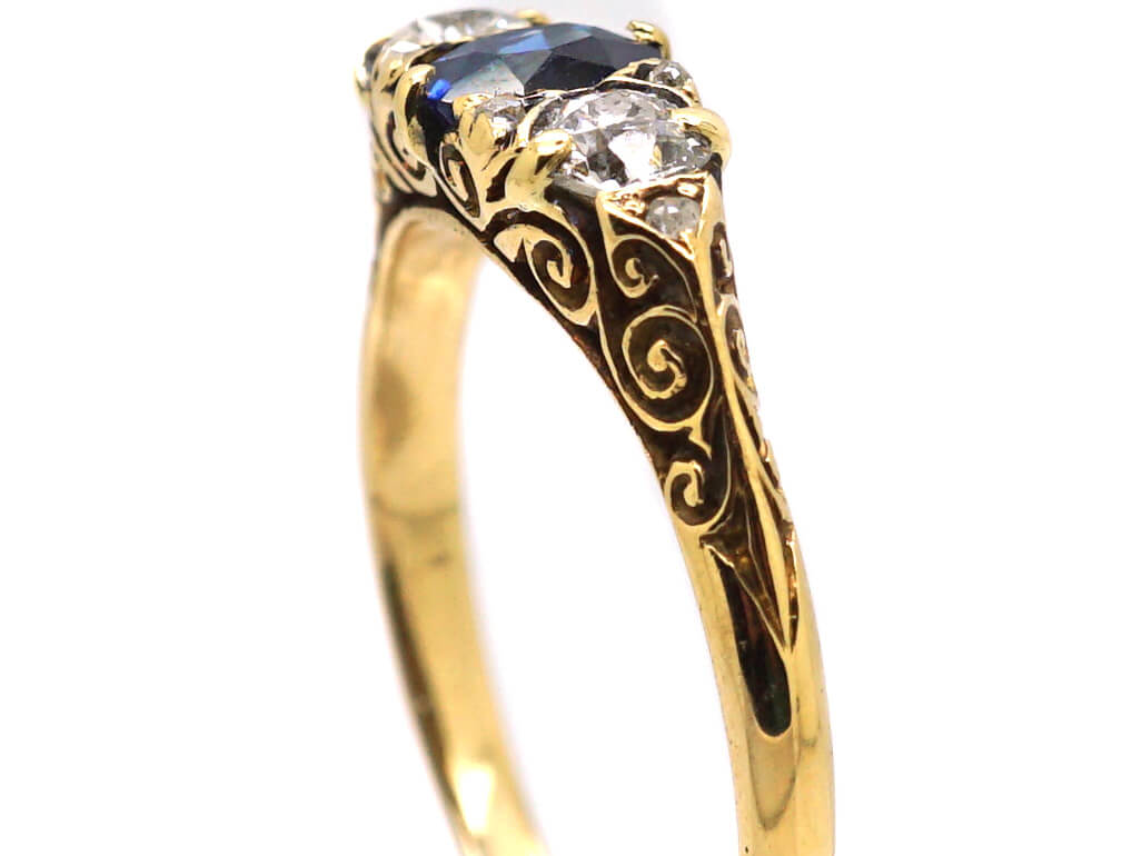 Edwardian 18ct Gold, Sapphire & Diamond Three Stone Carved Half Hoop ...