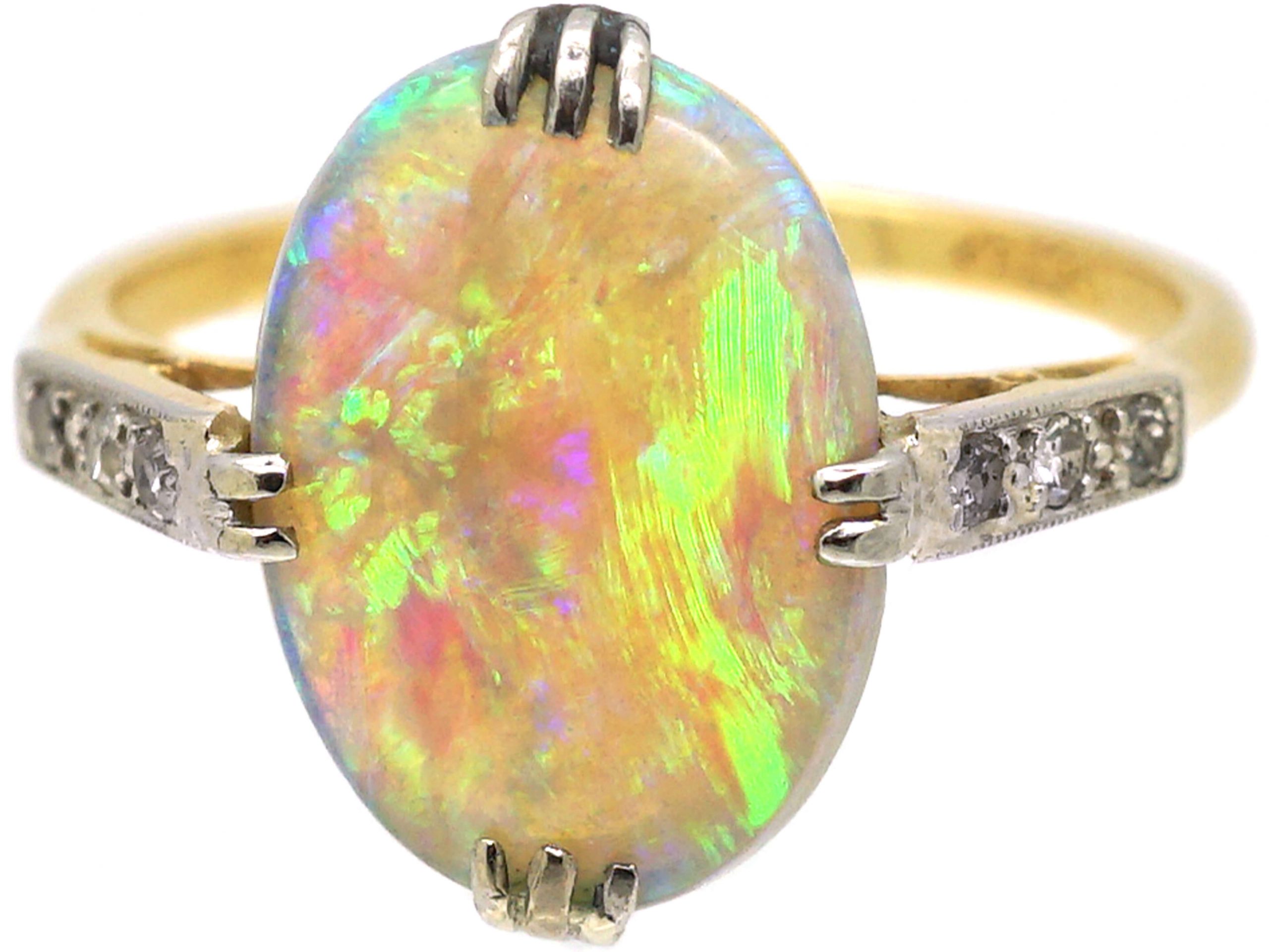 Art Deco 18ct Gold & Platinum, Opal Ring with Diamond Set Shoulders ...