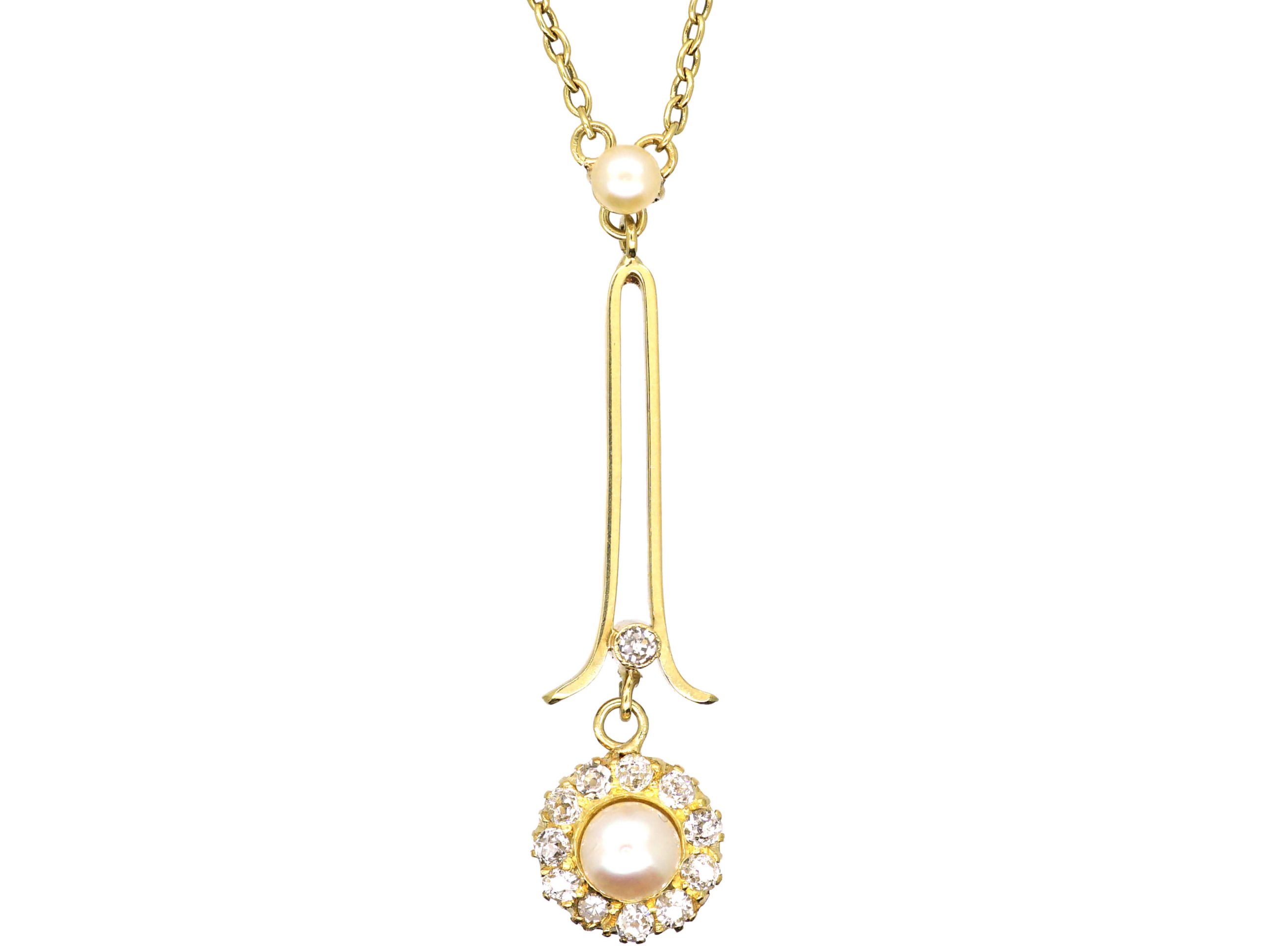 Edwardian 15ct Gold Natural Pearl & Diamond Cluster Pendant on Chain ...