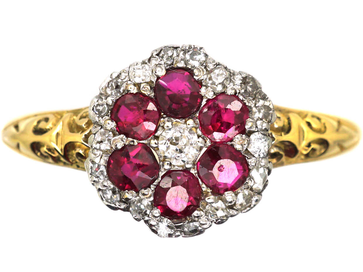 Edwardian 18ct Gold, Ruby & Diamond Cluster Ring with Ornate Shoulders ...