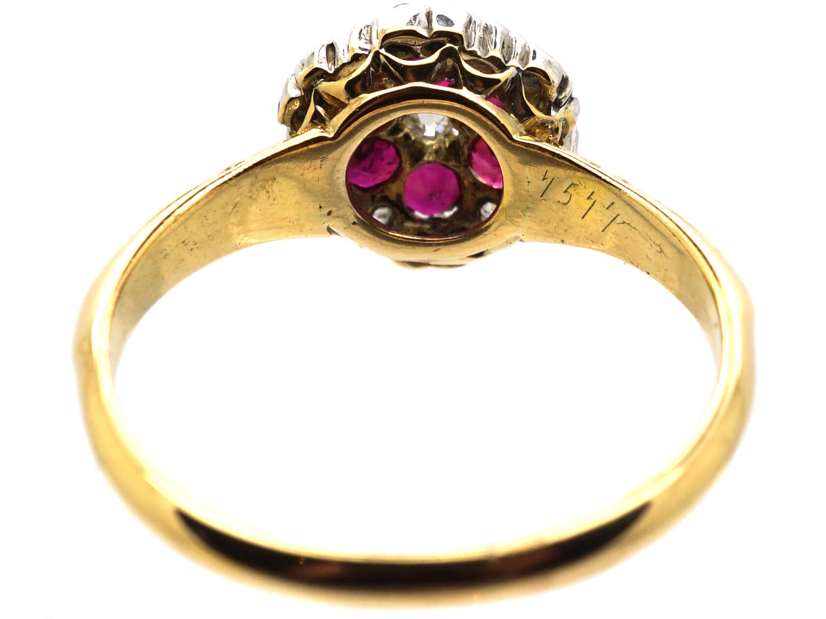 Edwardian 18ct Gold, Ruby & Diamond Cluster Ring with Ornate Shoulders ...