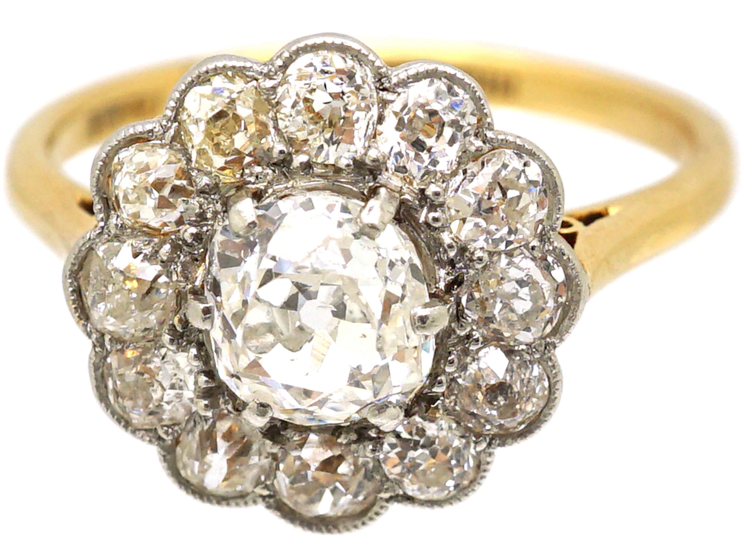 Edwardian 18ct Gold & Platinum, Old Mine Cut Diamond Daisy Cluster Ring ...