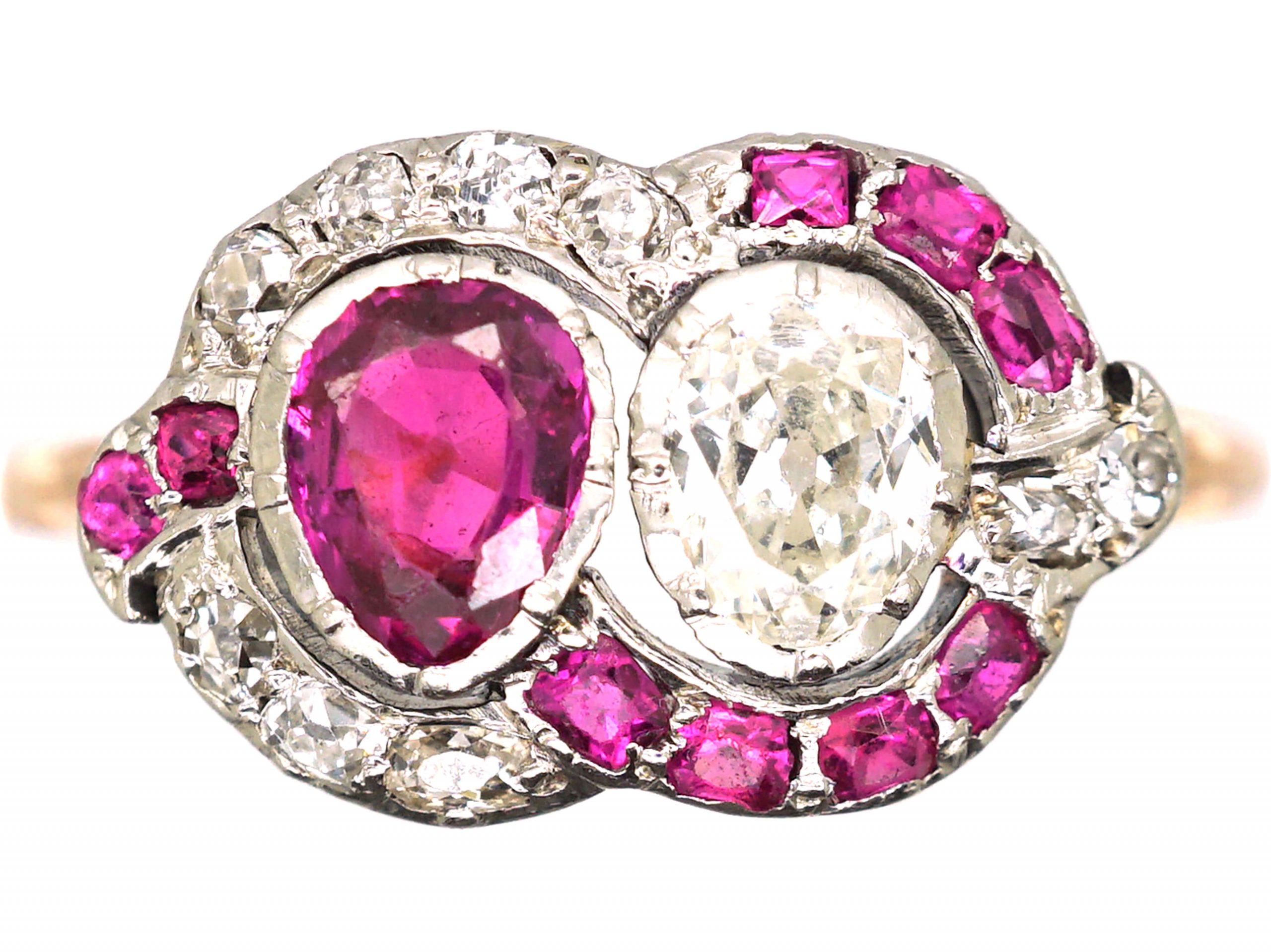 Georgian 15ct Gold & Silver, Ruby & Diamond Entwined Hearts Ring (767W ...
