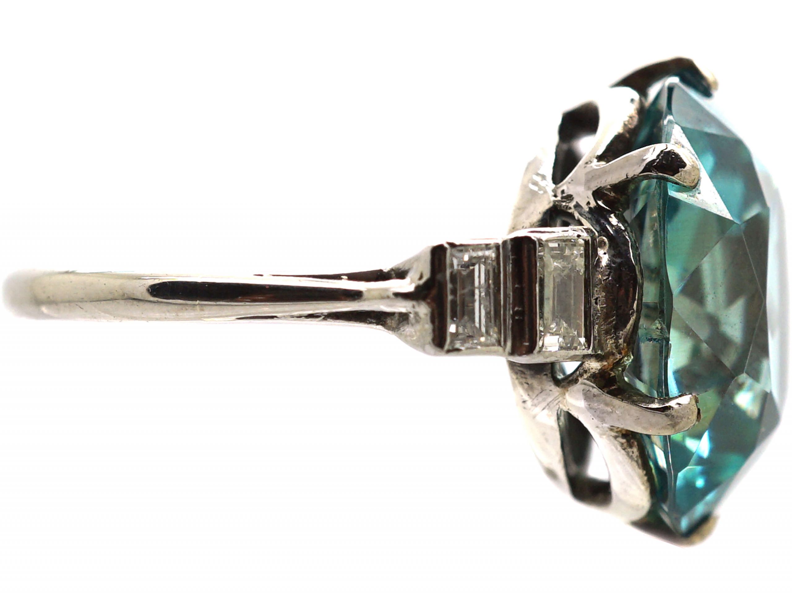 Art Deco Platinum Ring set with a Large Zircon with Baguette Diamond ...