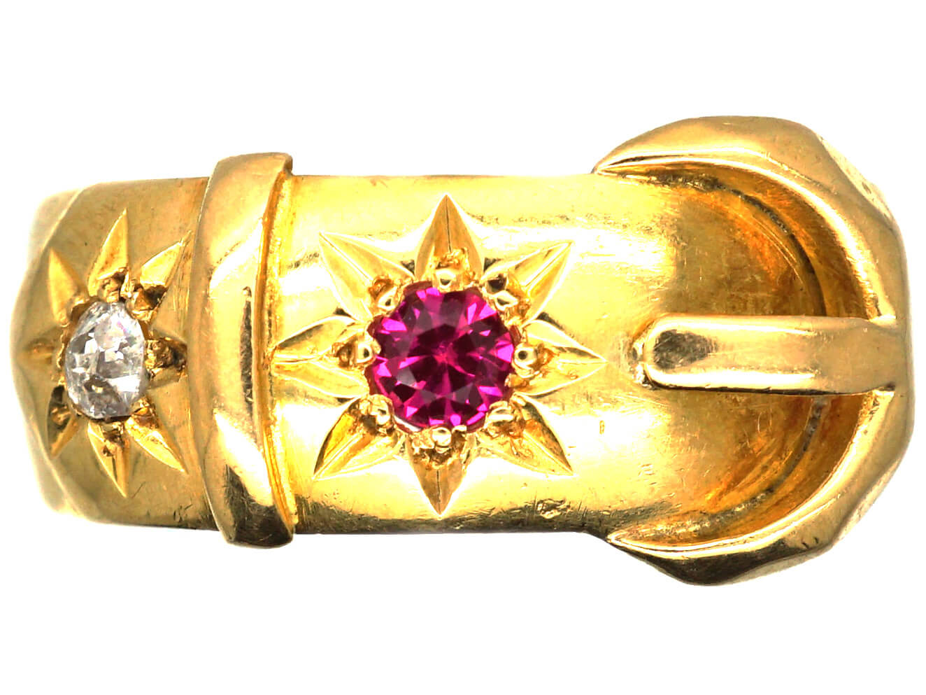 Edwardian 18ct Gold Wide Buckle Ring set with a Ruby & a Diamond (850W ...