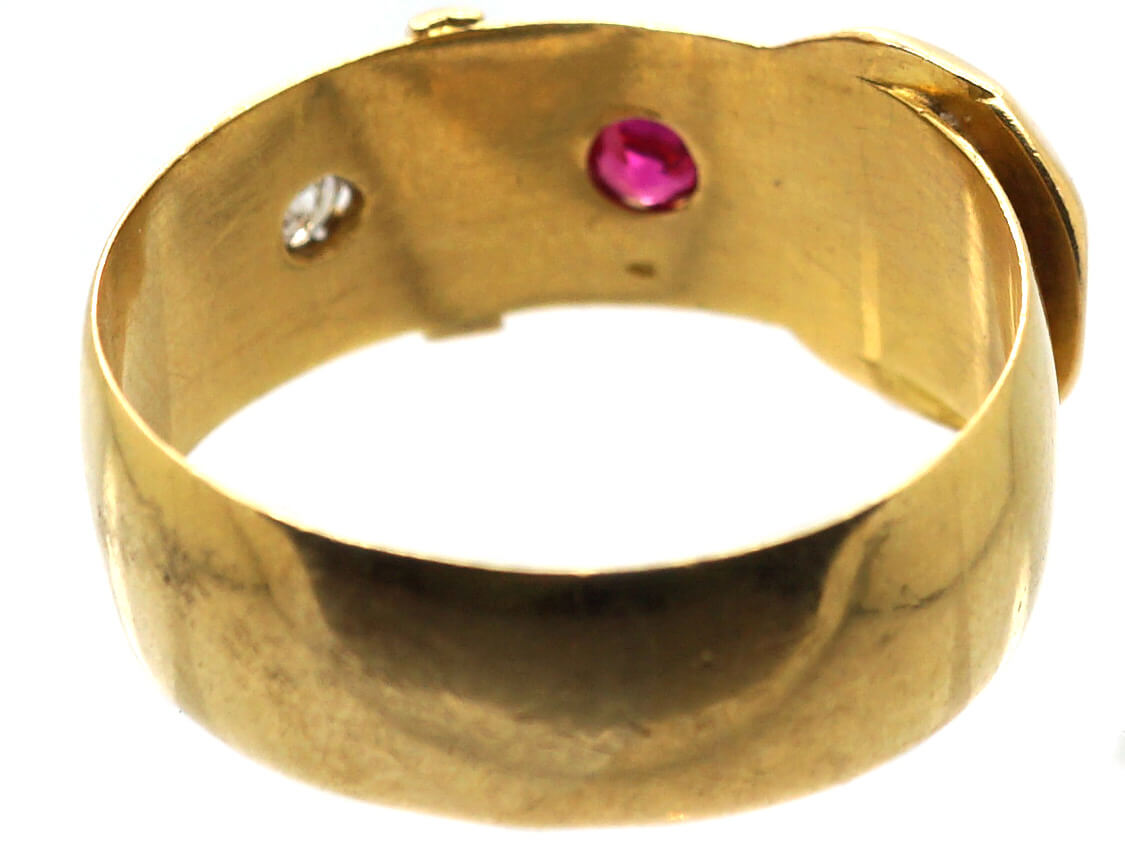 Edwardian 18ct Gold Wide Buckle Ring set with a Ruby & a Diamond (850W ...