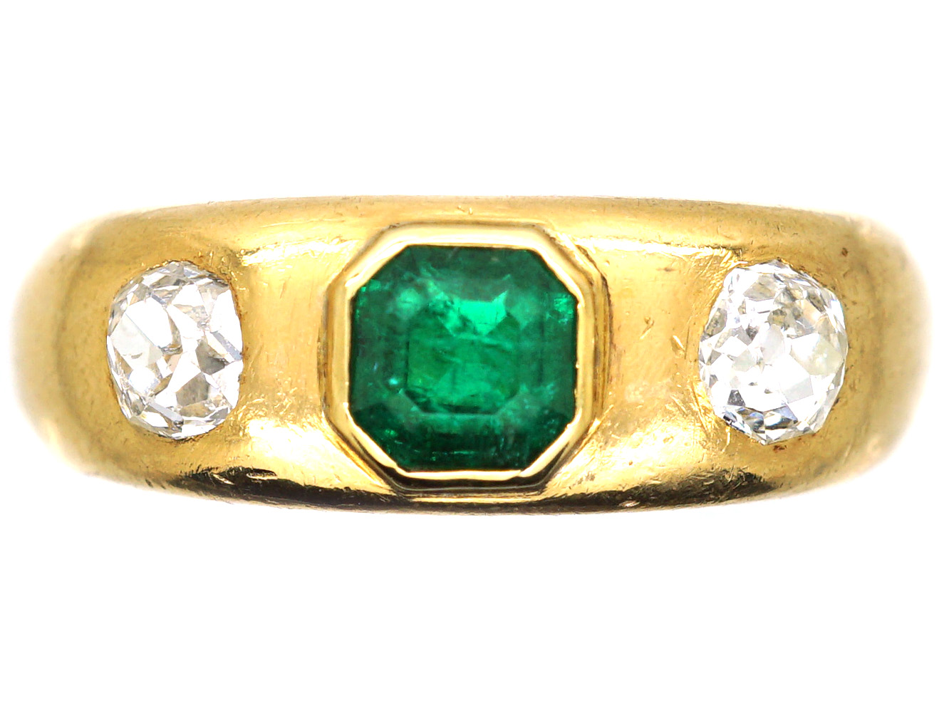 Edwardian 18ct Gold, Emerald & Diamond Three Stone Rub Over Set Ring ...