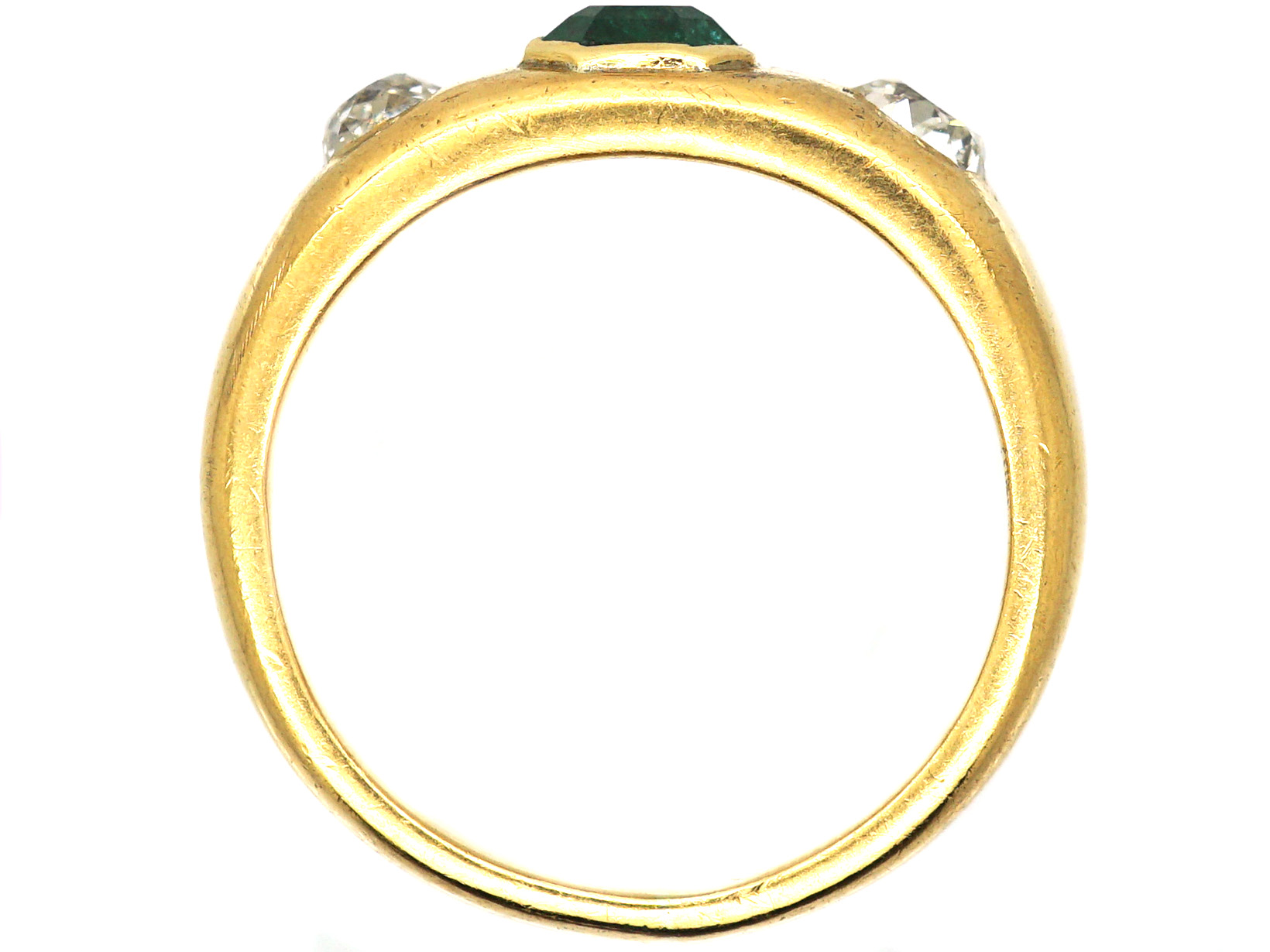 Edwardian 18ct Gold, Emerald & Diamond Three Stone Rub Over Set Ring ...
