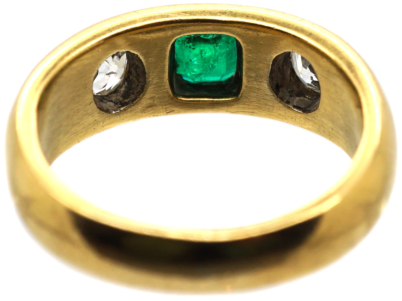 Edwardian 18ct Gold, Emerald & Diamond Three Stone Rub Over Set Ring ...