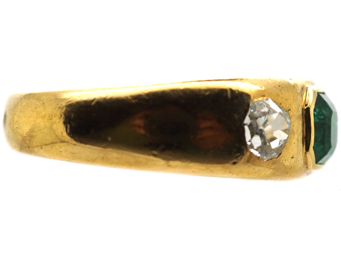 Edwardian 18ct Gold, Emerald & Diamond Three Stone Rub Over Set Ring ...