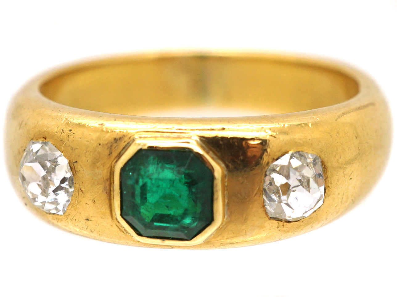 Edwardian 18ct Gold, Emerald & Diamond Three Stone Rub Over Set Ring ...