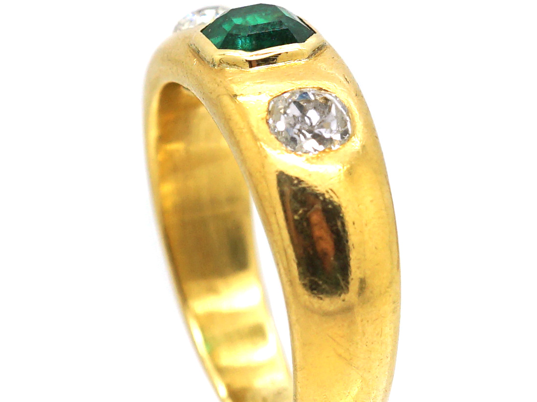 Edwardian 18ct Gold, Emerald & Diamond Three Stone Rub Over Set Ring ...
