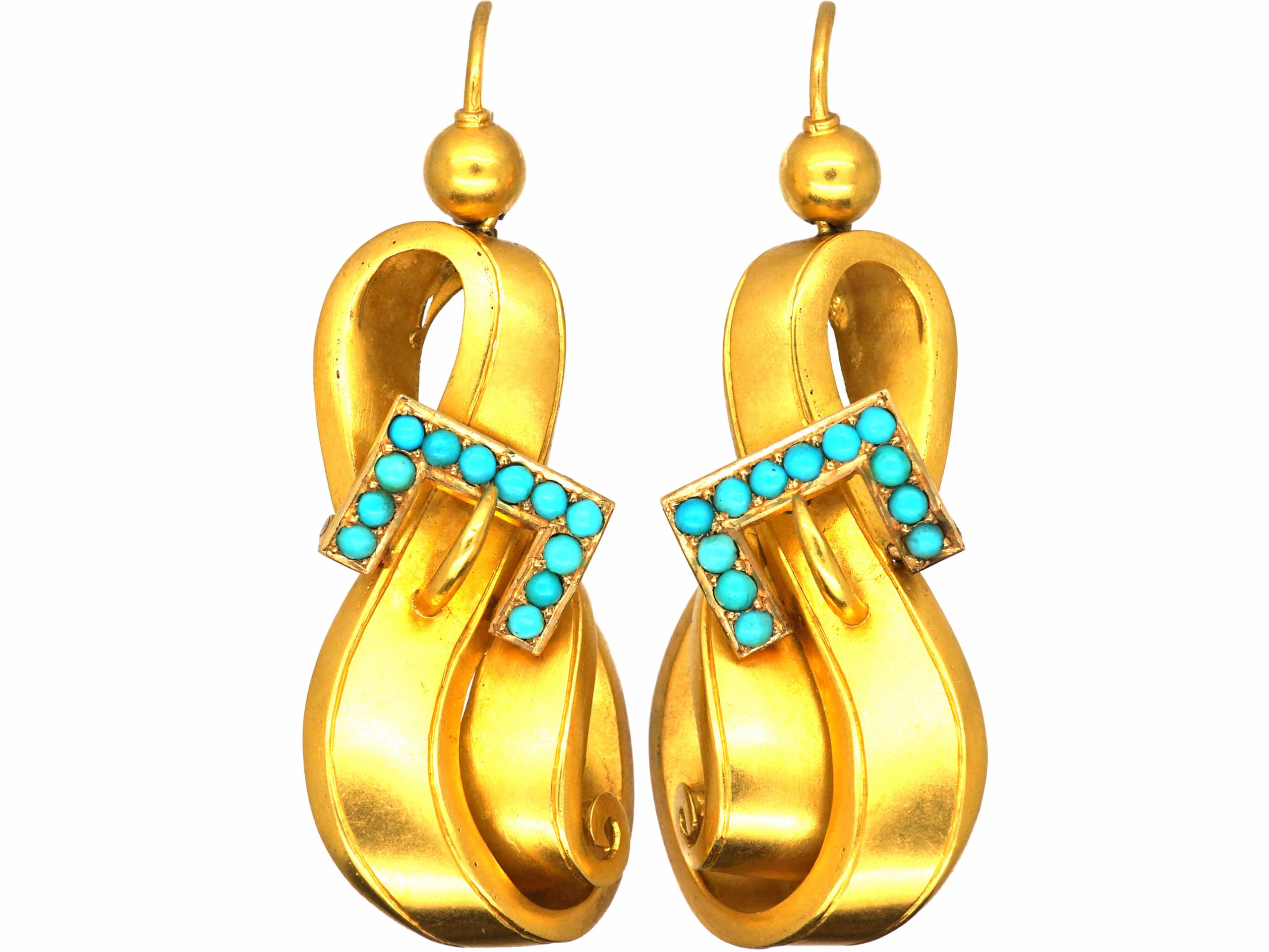 Victorian 15ct Gold Coil Drop Earrings with Turquoise Buckle Motifs ...