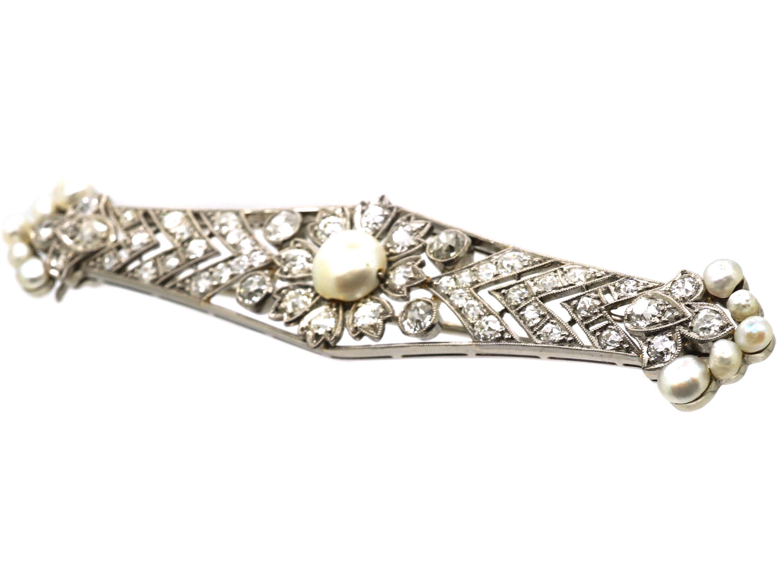 Early 20th Century 18ct White Gold, Diamond & Natural Pearl Brooch by ...