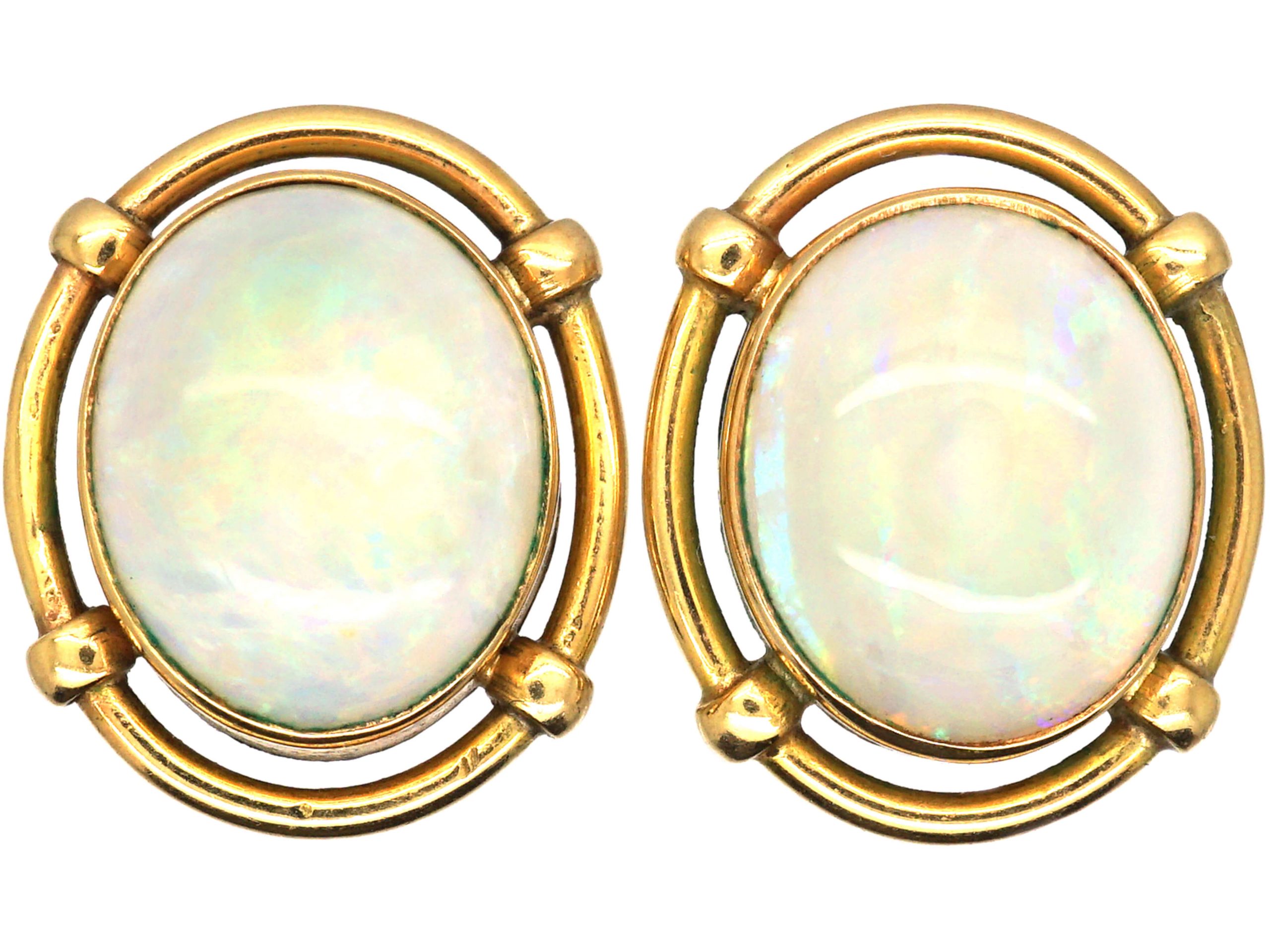 Retro 14ct Gold Earrings set with large Opals (880W) | The Antique Jewellery Company