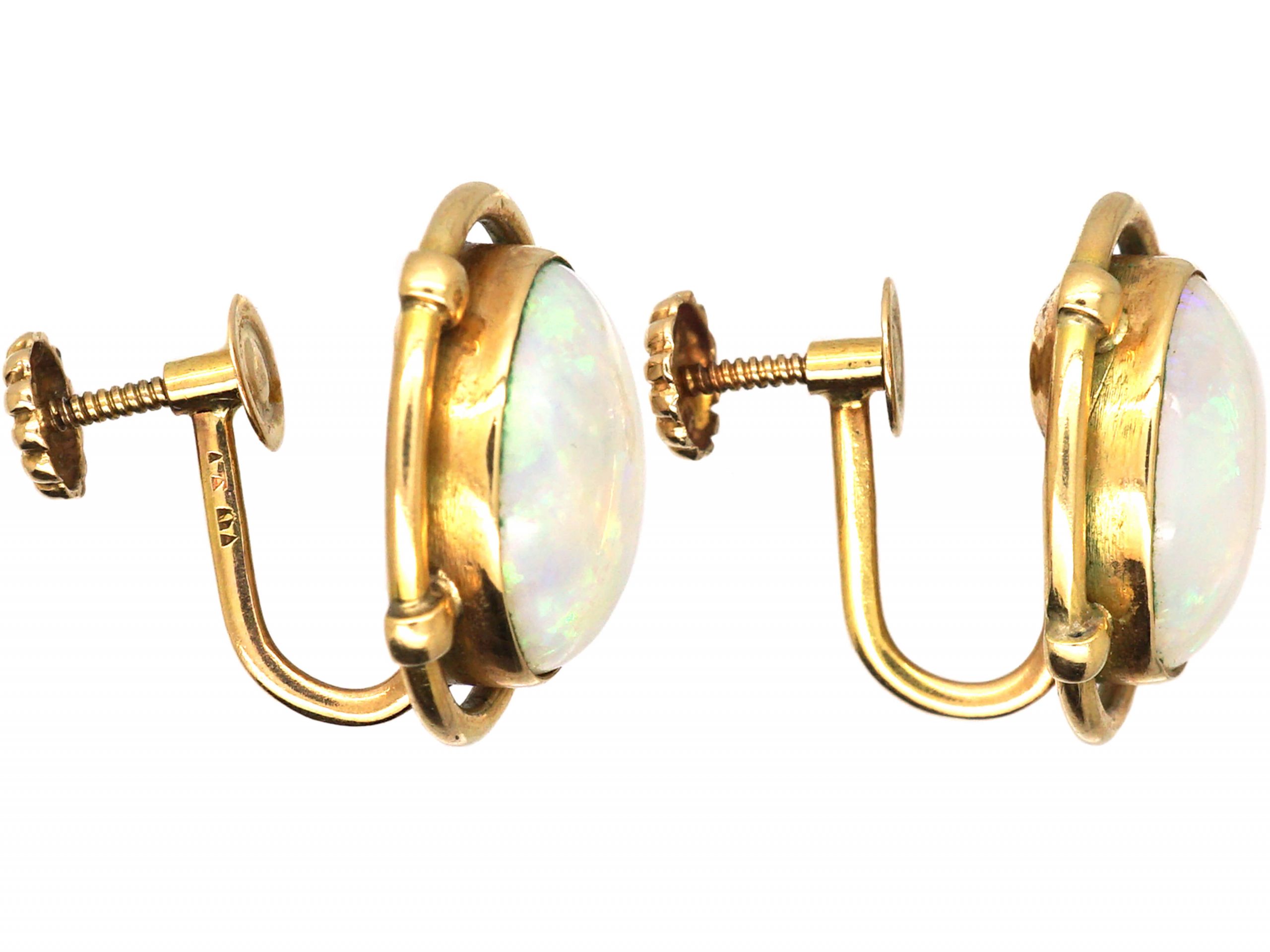 Retro 14ct Gold Earrings set with large Opals (880W) | The Antique Jewellery Company