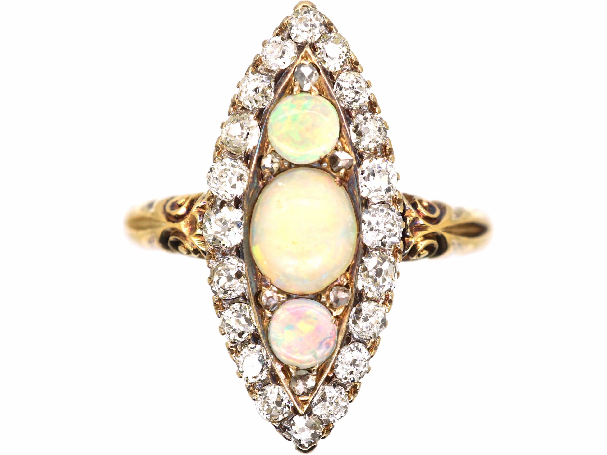 Edwardian 18ct Gold Marquise Ring set with Opals & Diamonds (875W) | The Antique Jewellery Company