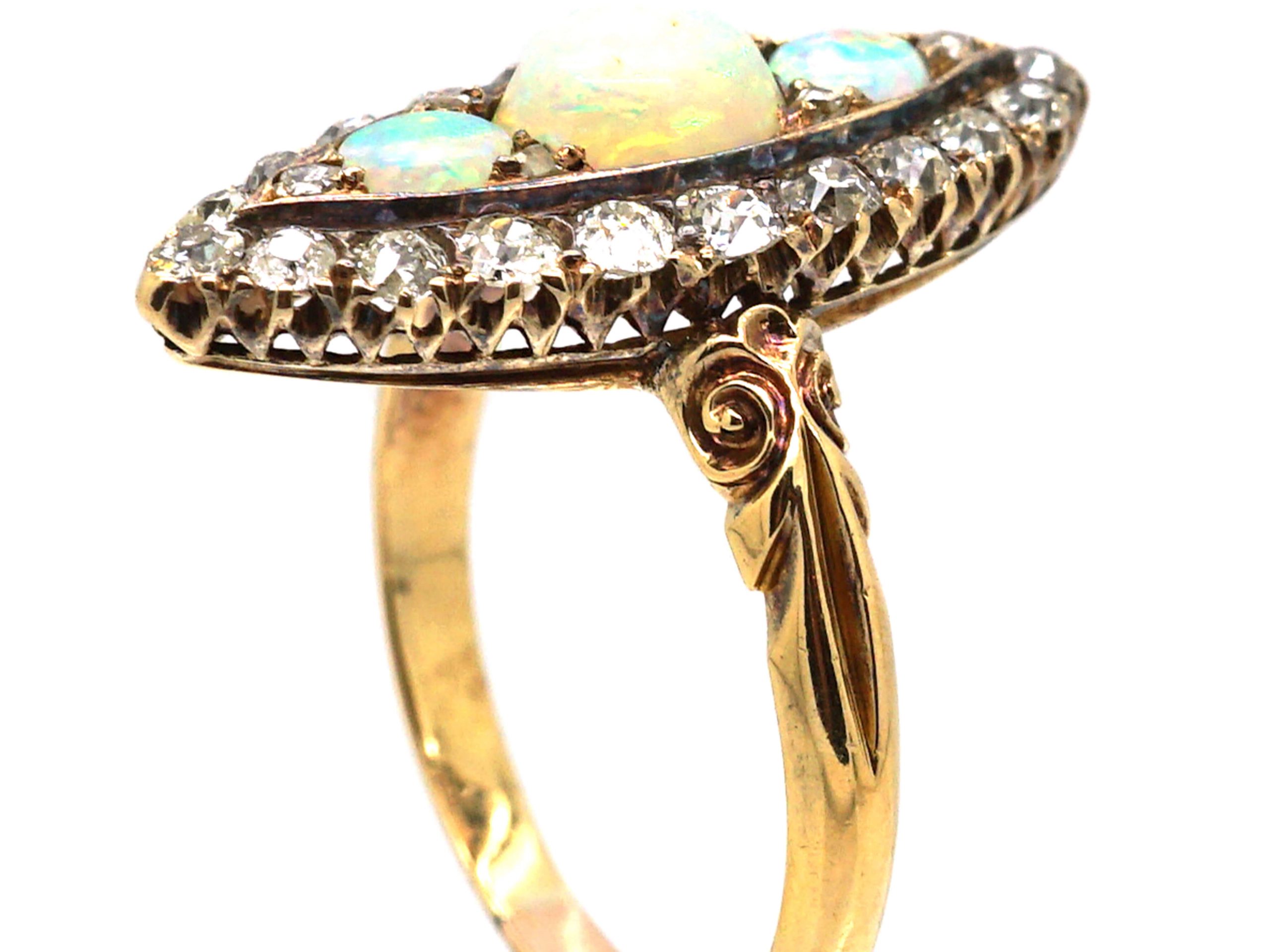Edwardian 18ct Gold Marquise Ring set with Opals & Diamonds (875W) | The Antique Jewellery Company