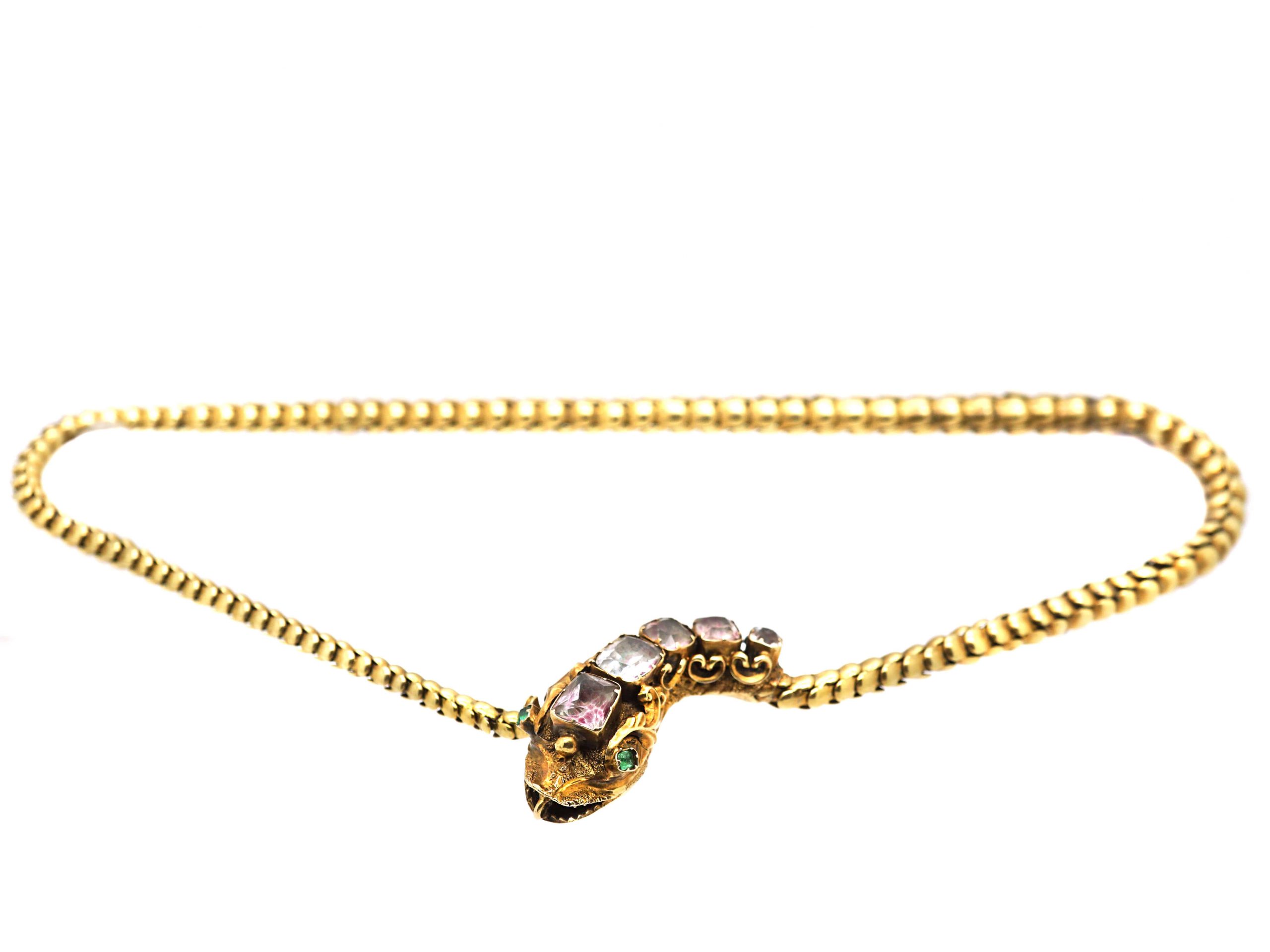 Victorian 15ct Gold Snake Necklace set with Rock Crystal with Emerald ...