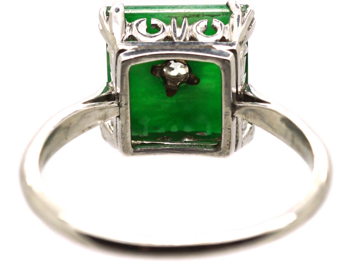 Art Deco Platinum & Jade Square Ring with a Diamond in the Centre (965W ...