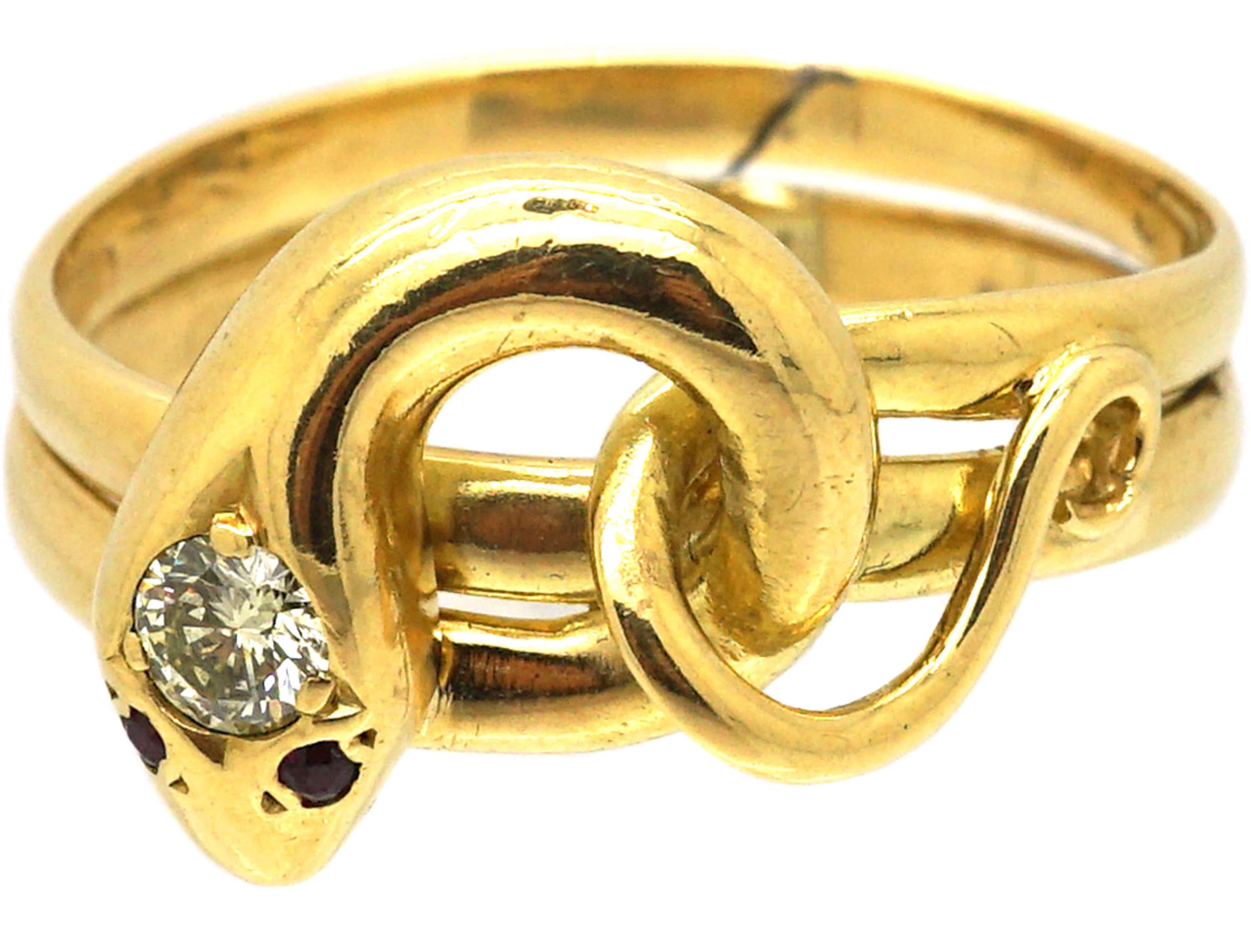 Victorian 18ct Gold Coily Snake Ring set with a Diamond & Ruby Eyes ...