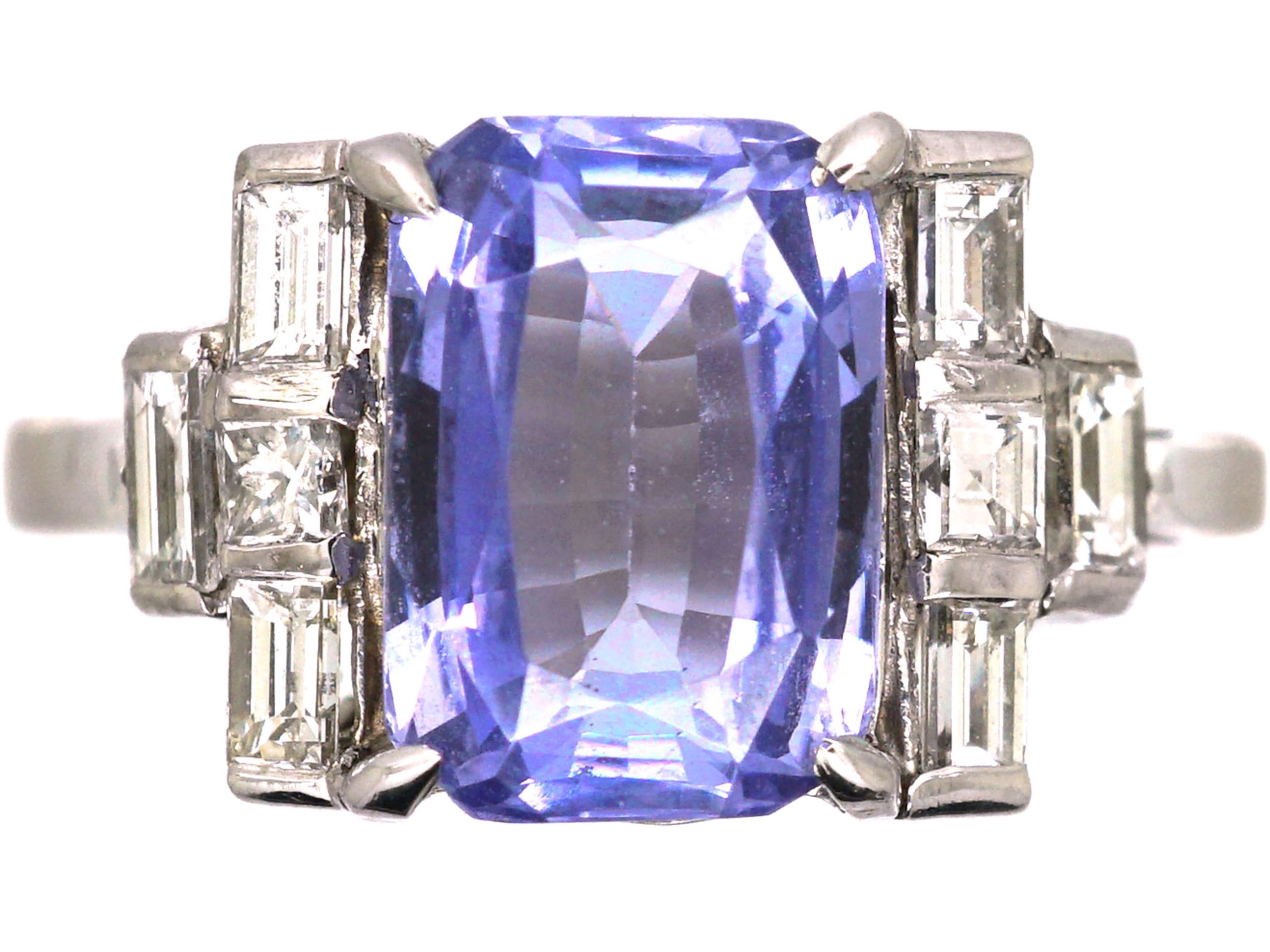 Art Deco Platinum Ring set with a Rectangular Cut Sapphire & Baguette ...