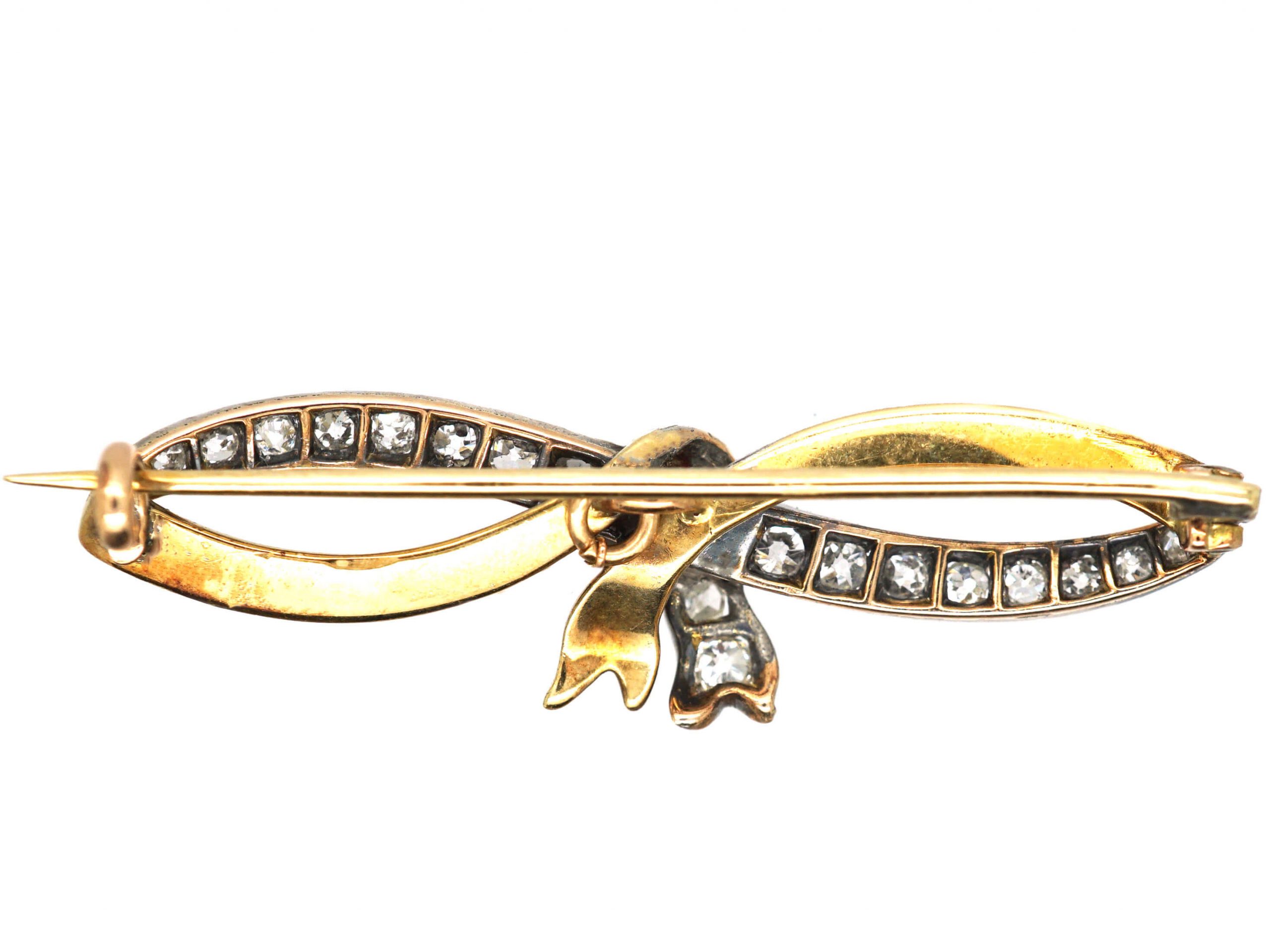 Edwardian 15ct Gold & Silver, Red & White Enamel & Diamond Bow Brooch ...