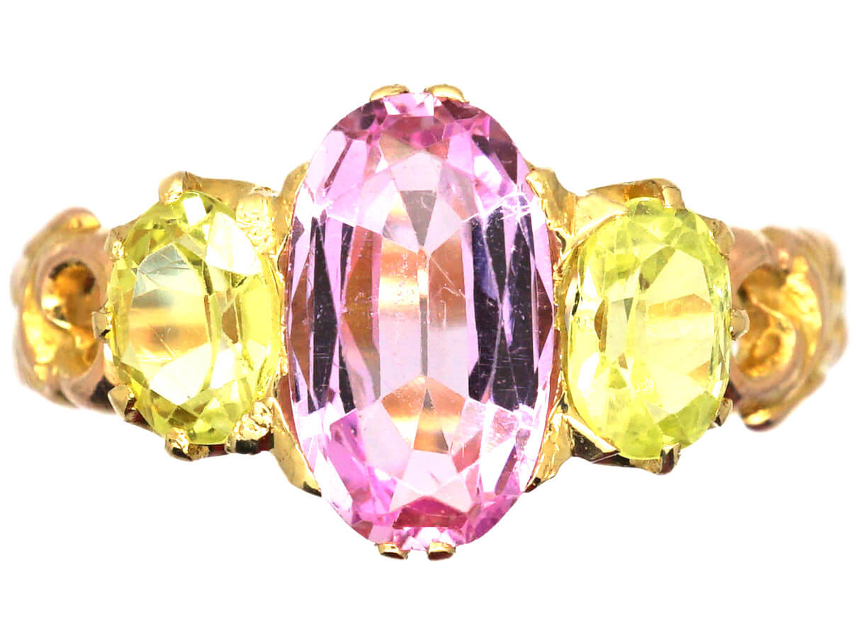 Early 19th Century 15ct Gold, Pink Topaz & Chrysolite Three Stone Ring ...