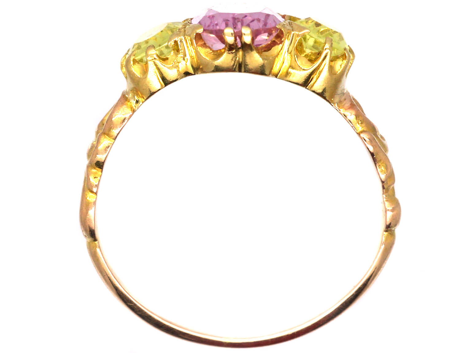 Early 19th Century 15ct Gold, Pink Topaz & Chrysolite Three Stone Ring ...