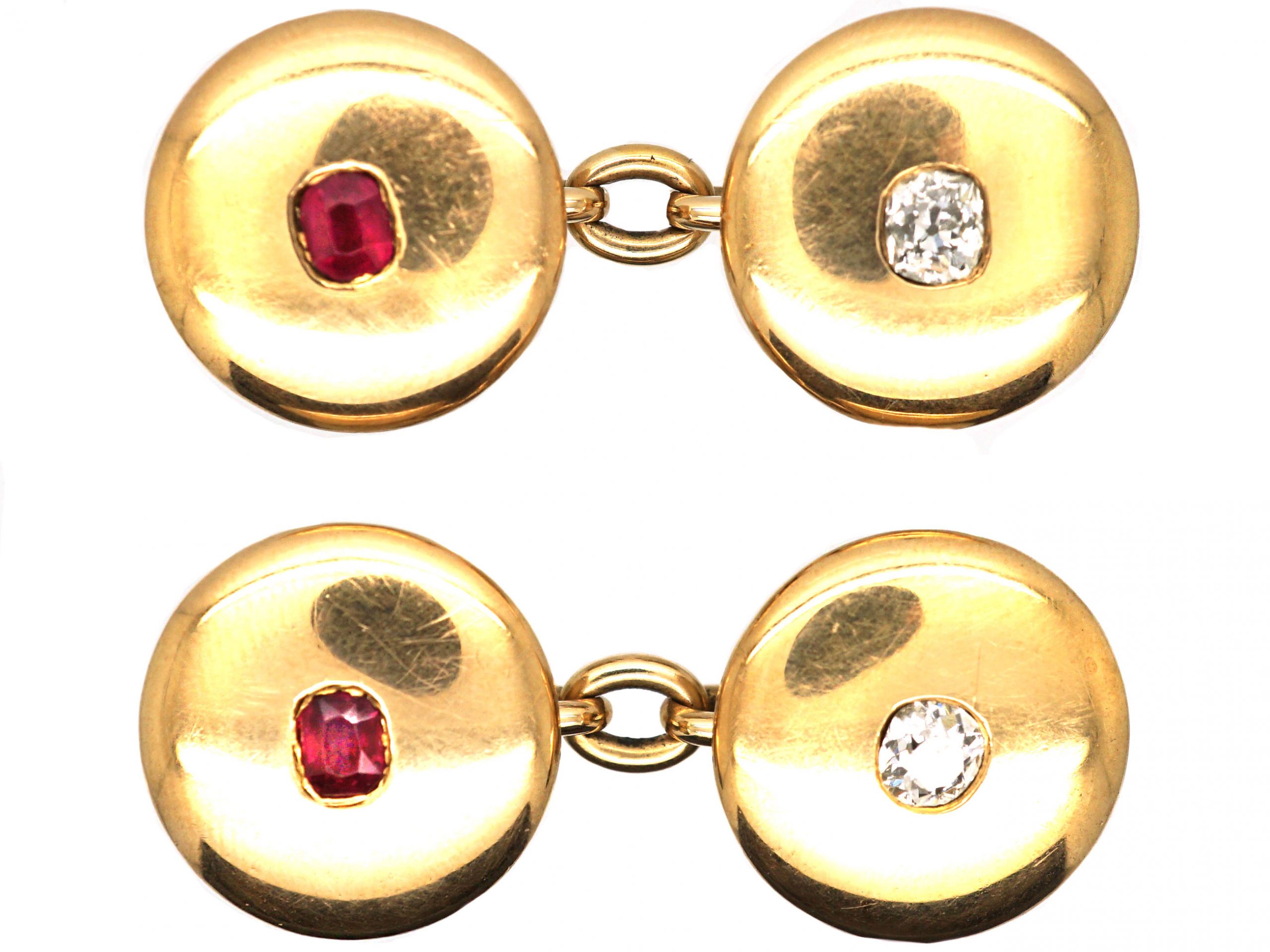 Edwardian 18ct Gold Round Cufflinks set with Rubies & Diamonds (990W ...