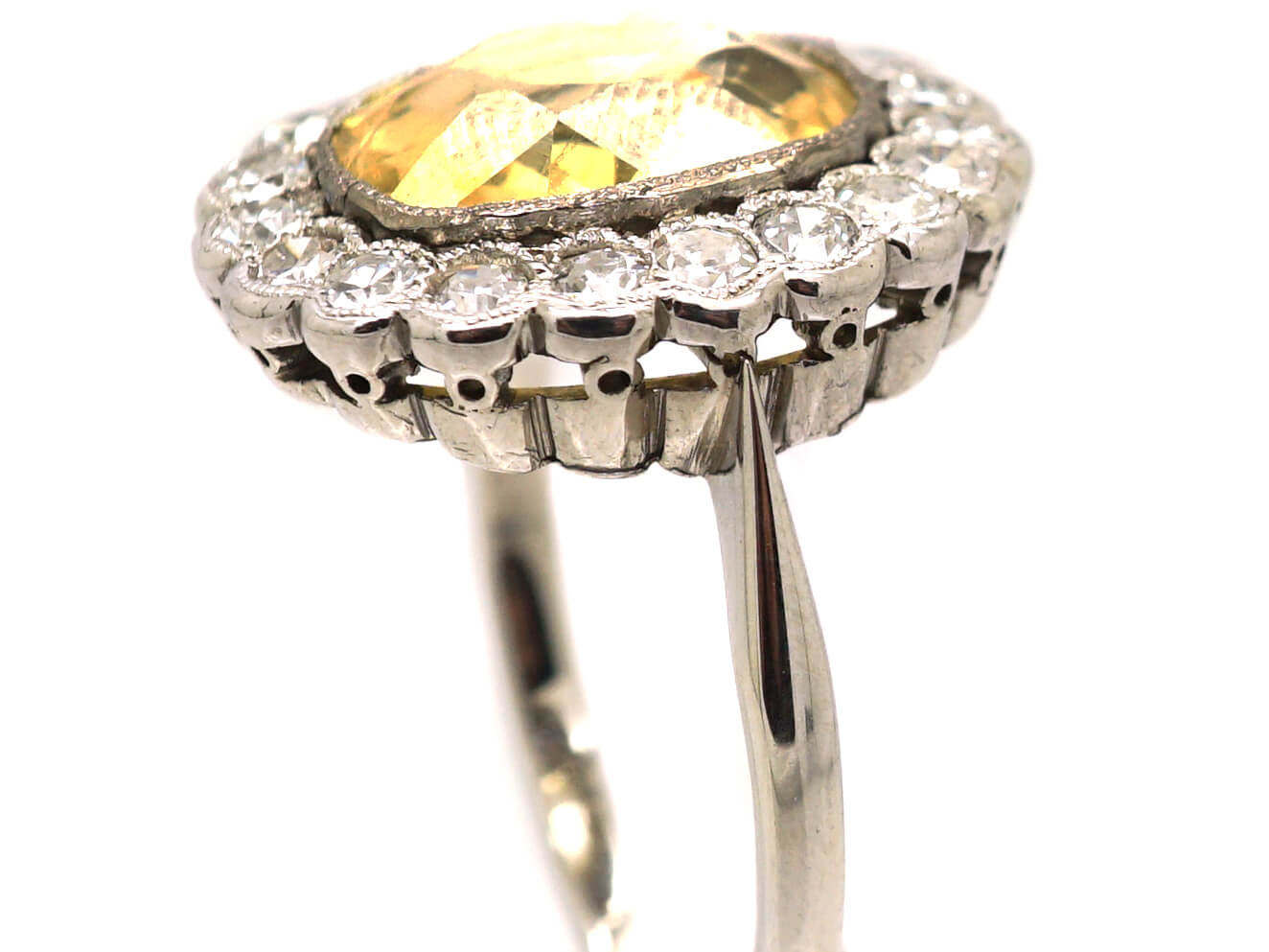 Edwardian 18ct White Gold & Platinum, Yellow Sapphire & Diamond Cluster ...