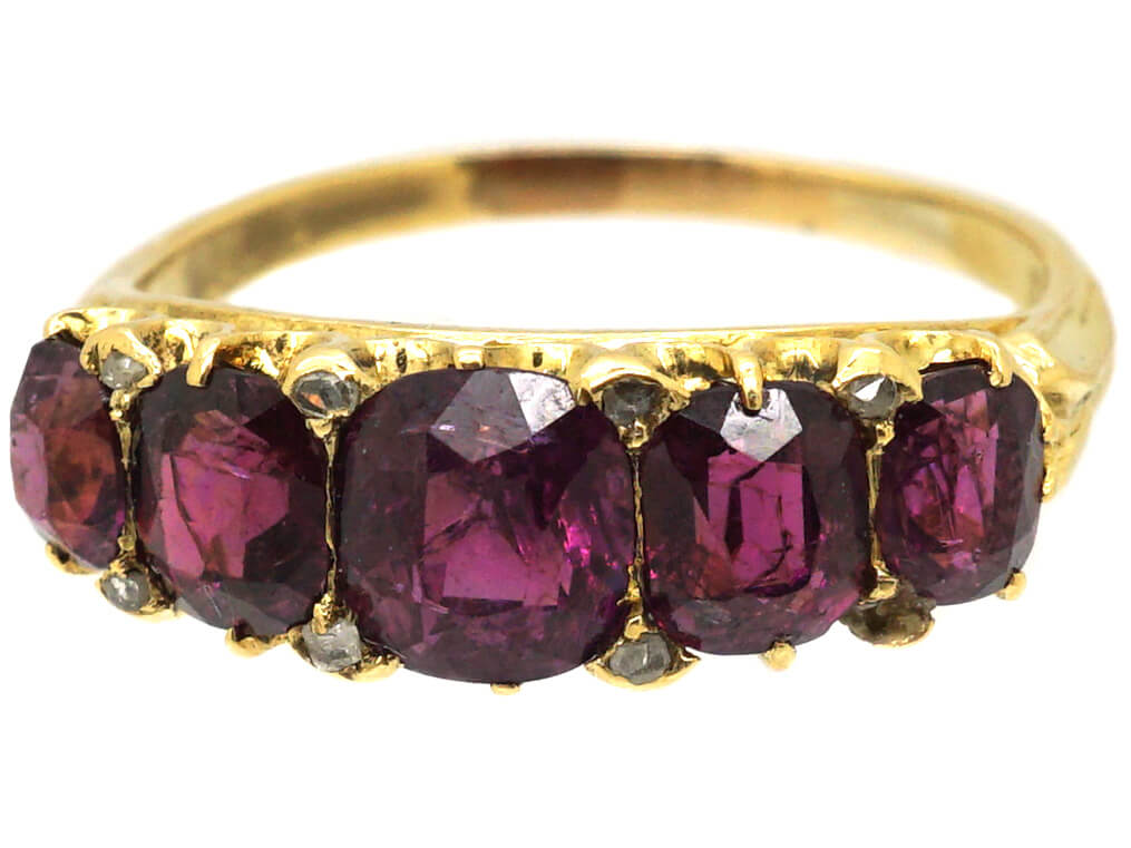 Victorian 18ct Gold Five Stone Almandine Garnet Ring with Rose Diamond ...