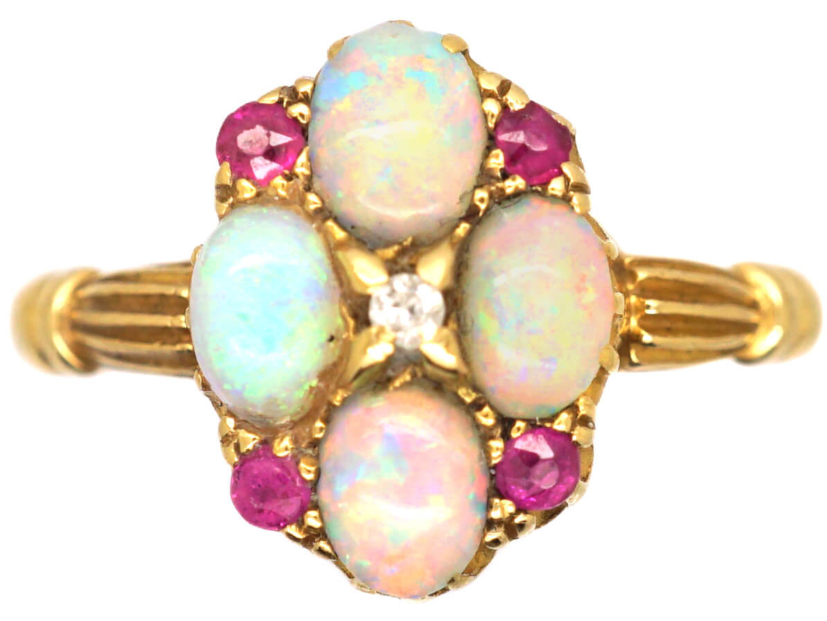 Edwardian 18ct Gold Cluster Ring set with Opals, Rubies & a Diamond ...