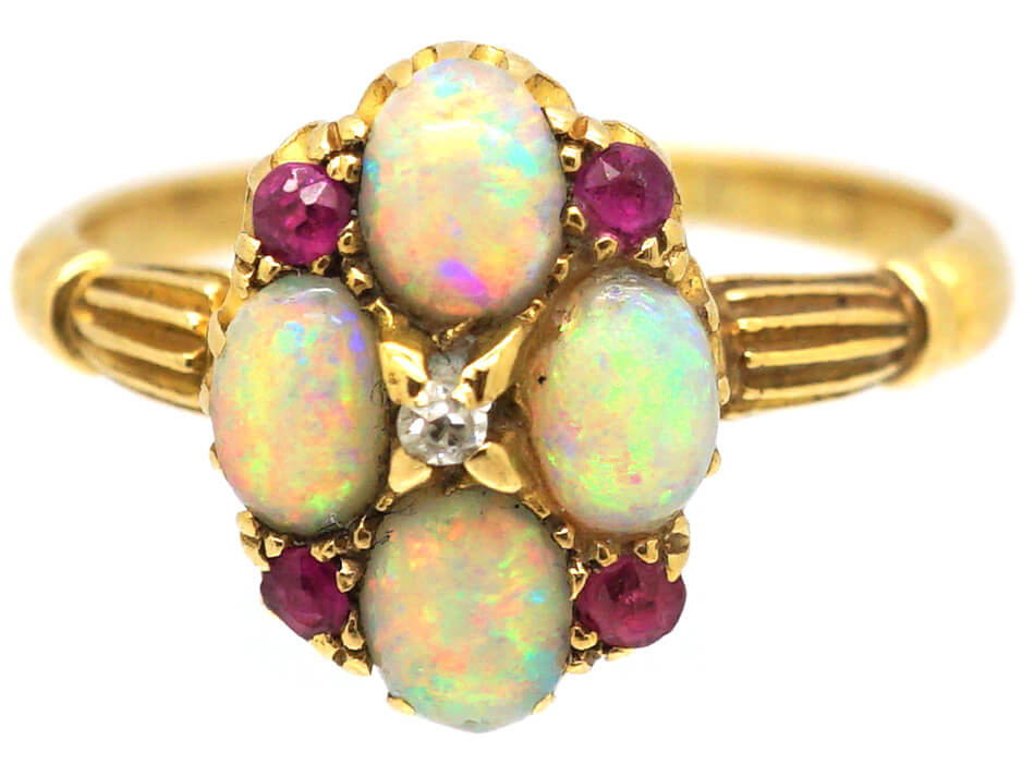 Edwardian 18ct Gold Cluster Ring set with Opals, Rubies & a Diamond ...
