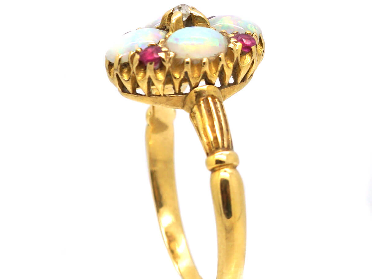 Edwardian 18ct Gold Cluster Ring set with Opals, Rubies & a Diamond (10X) | The Antique ...