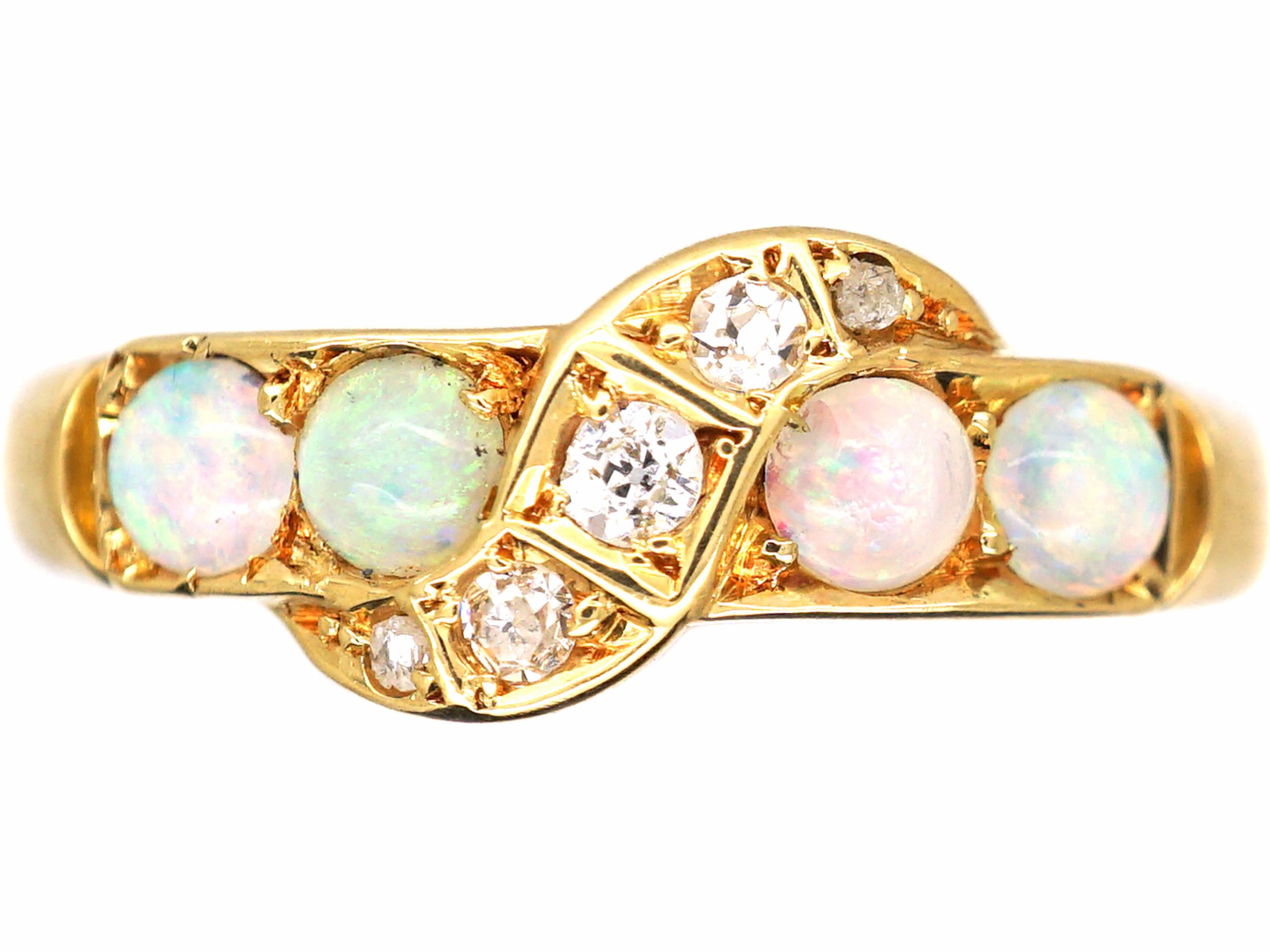 Edwardian 18ct Gold Crossover Ring set with Opals & Diamonds (159X) | The Antique Jewellery Company