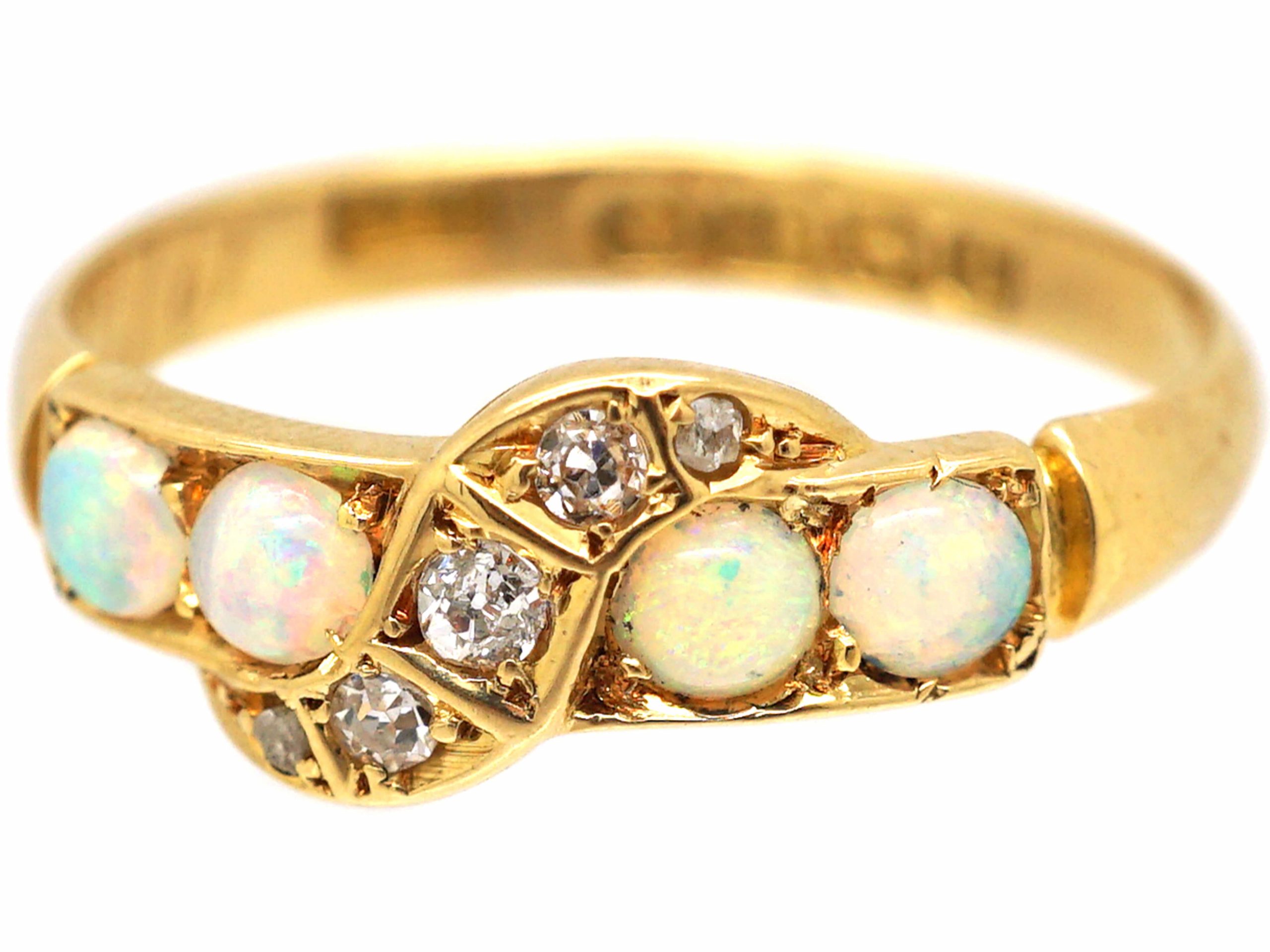 Edwardian 18ct Gold Crossover Ring set with Opals & Diamonds (159X) | The Antique Jewellery Company