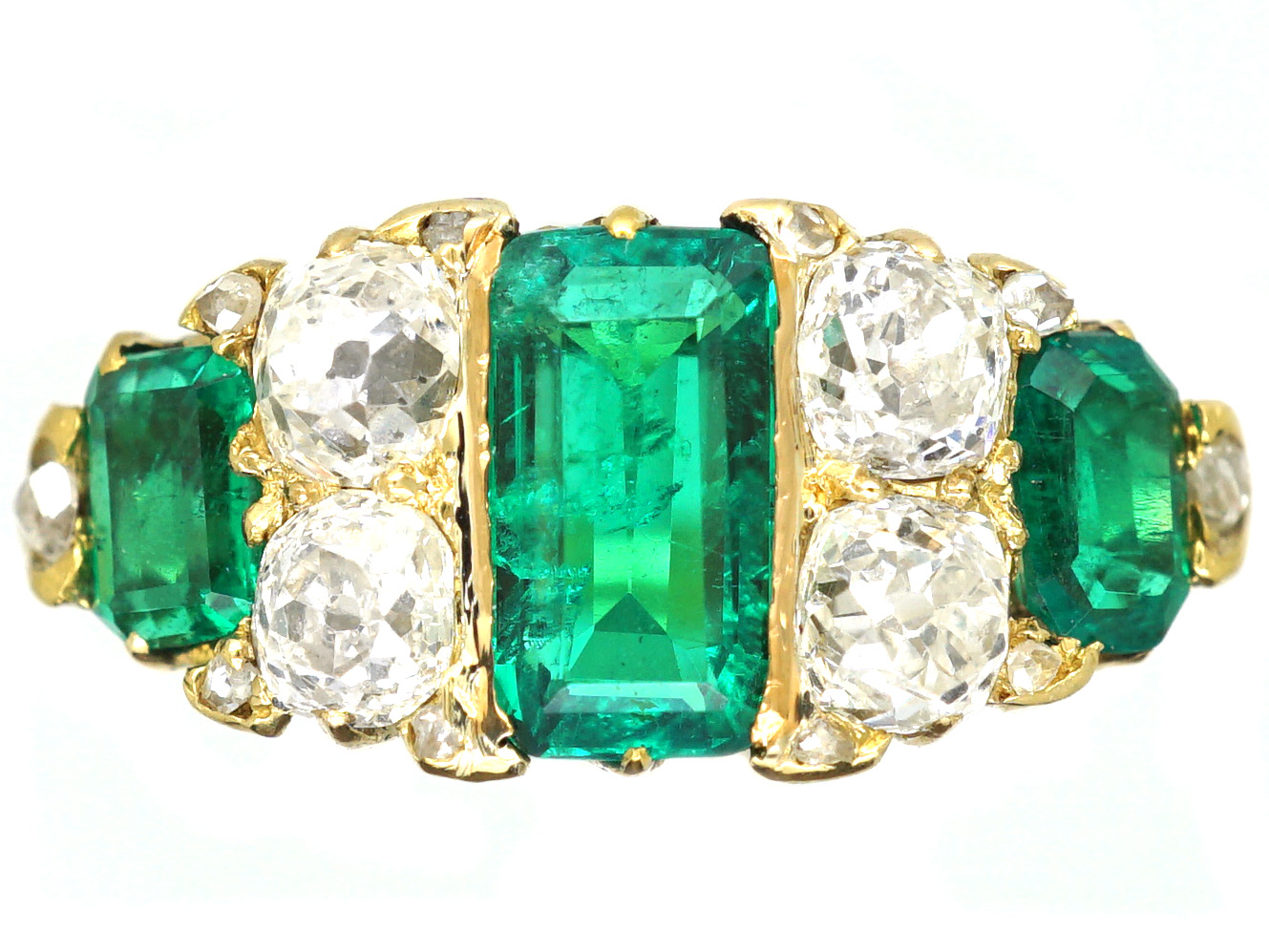 Victorian 18ct Gold Ring set with Three Emeralds & Old Mine Cut ...