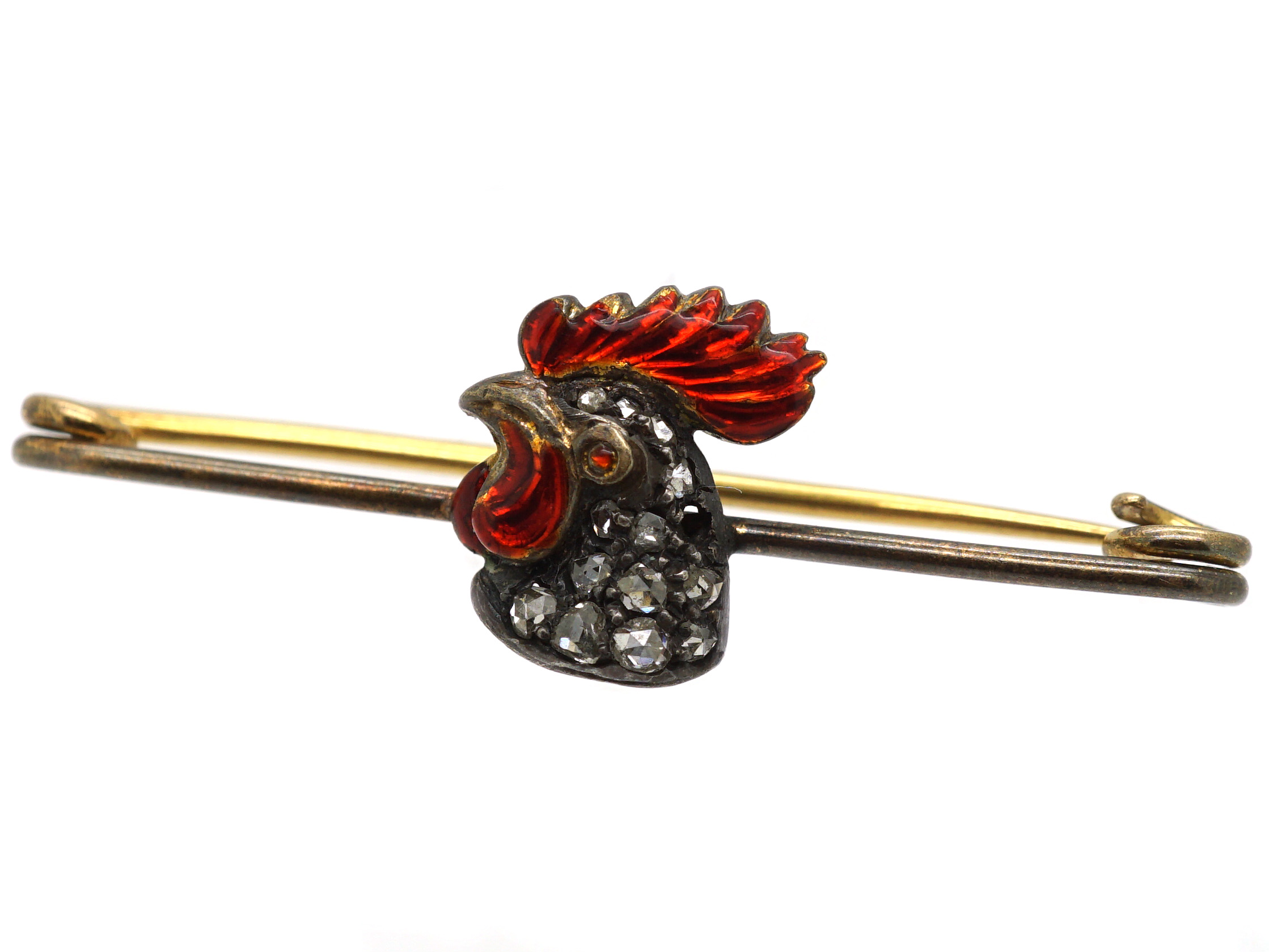Edwardian 9ct Gold & Red Enamel Cockerel's Head Brooch set with Rose ...