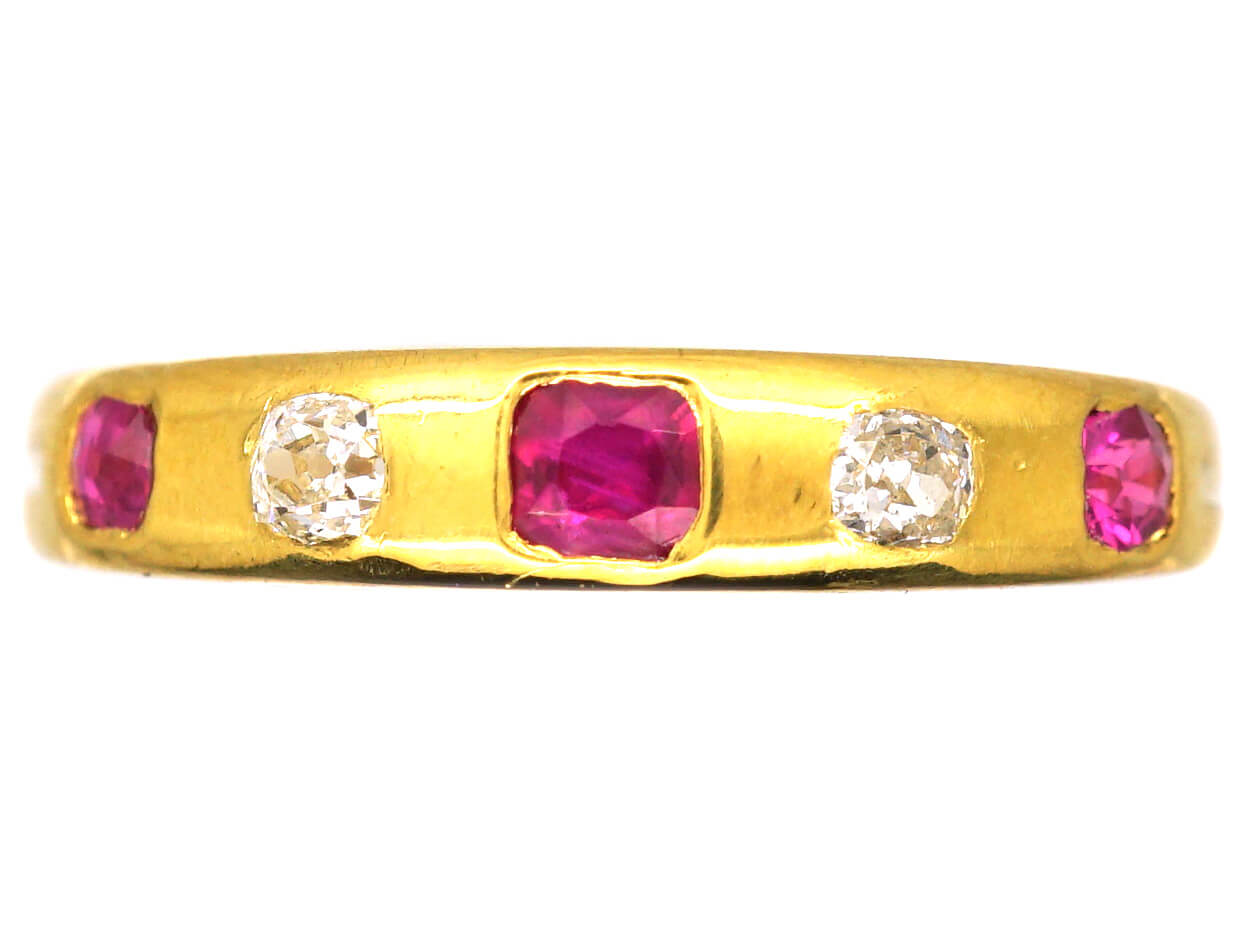 Edwardian 18ct Gold Rub Over Set Ruby & Diamond Five Stone Ring (302X ...