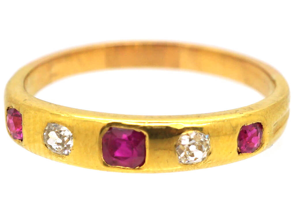 Edwardian 18ct Gold Rub Over Set Ruby & Diamond Five Stone Ring (302X ...