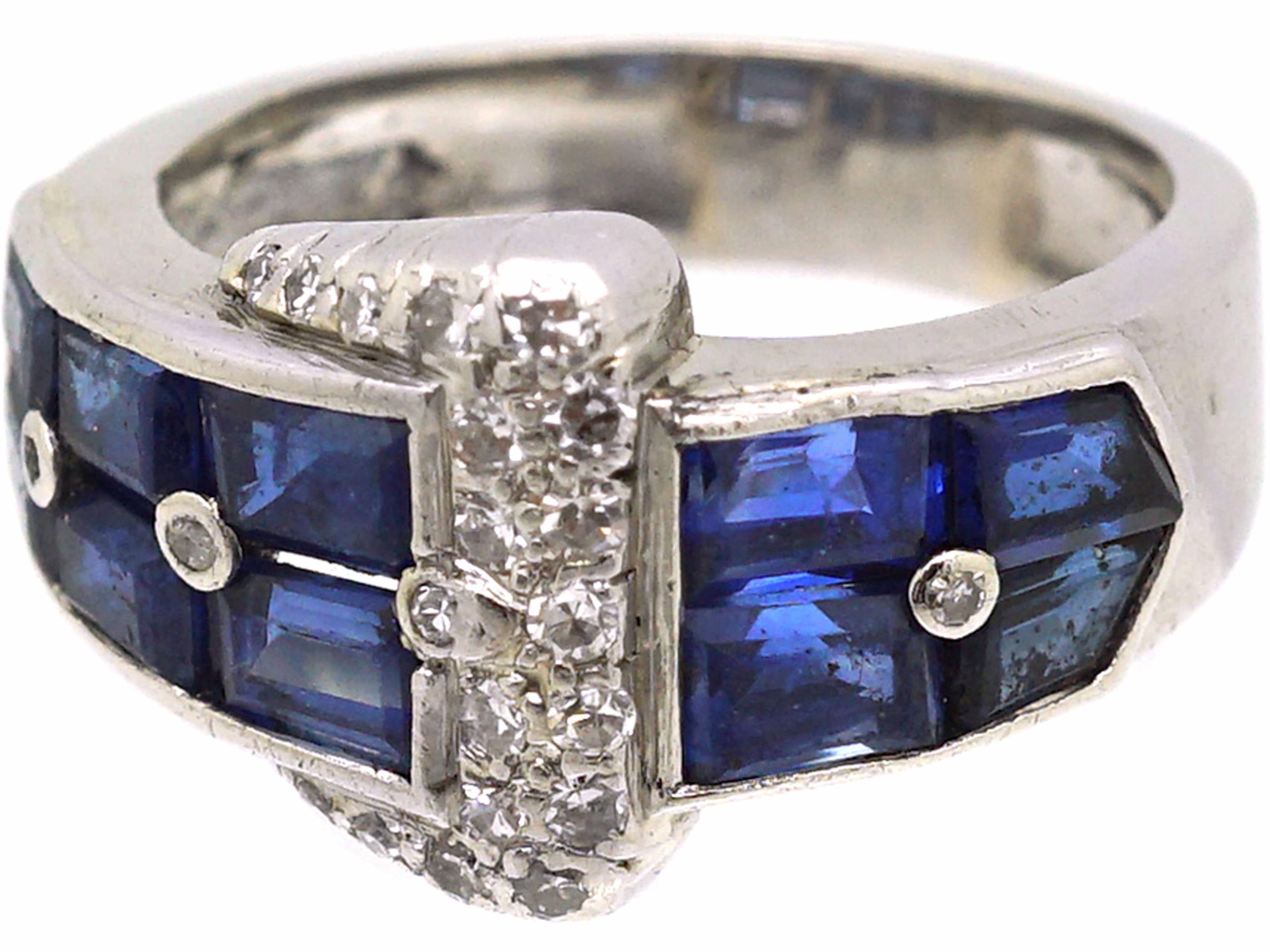 Art Deco Platinum & Iridium Buckle Ring set with Sapphires & Diamonds ...