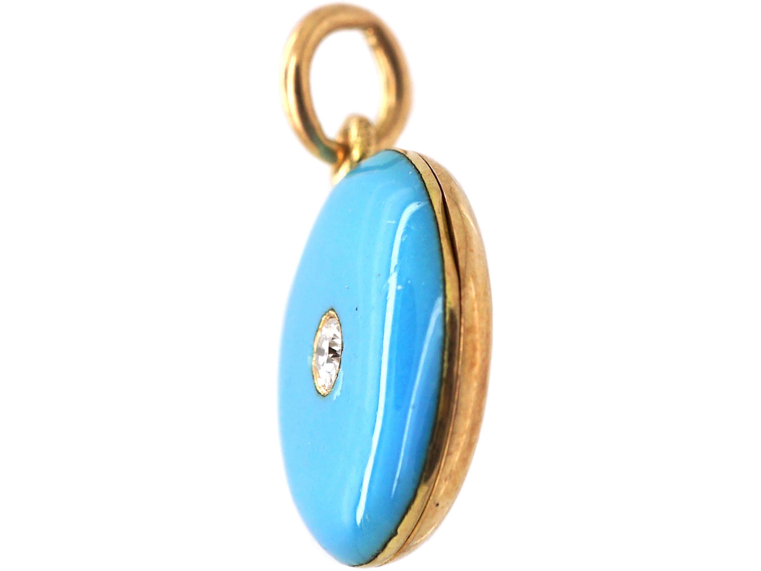 Victorian 15ct Gold & Turquoise Enamel Round Locket set with a Diamond ...