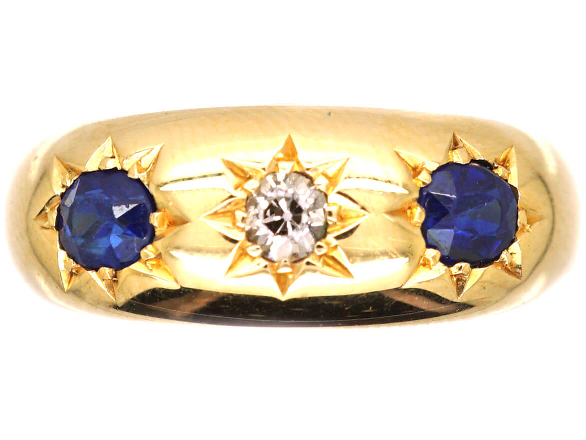 Edwardian 18ct Gold, Three Stone Sapphire & Diamond Gypsy Ring (384X ...