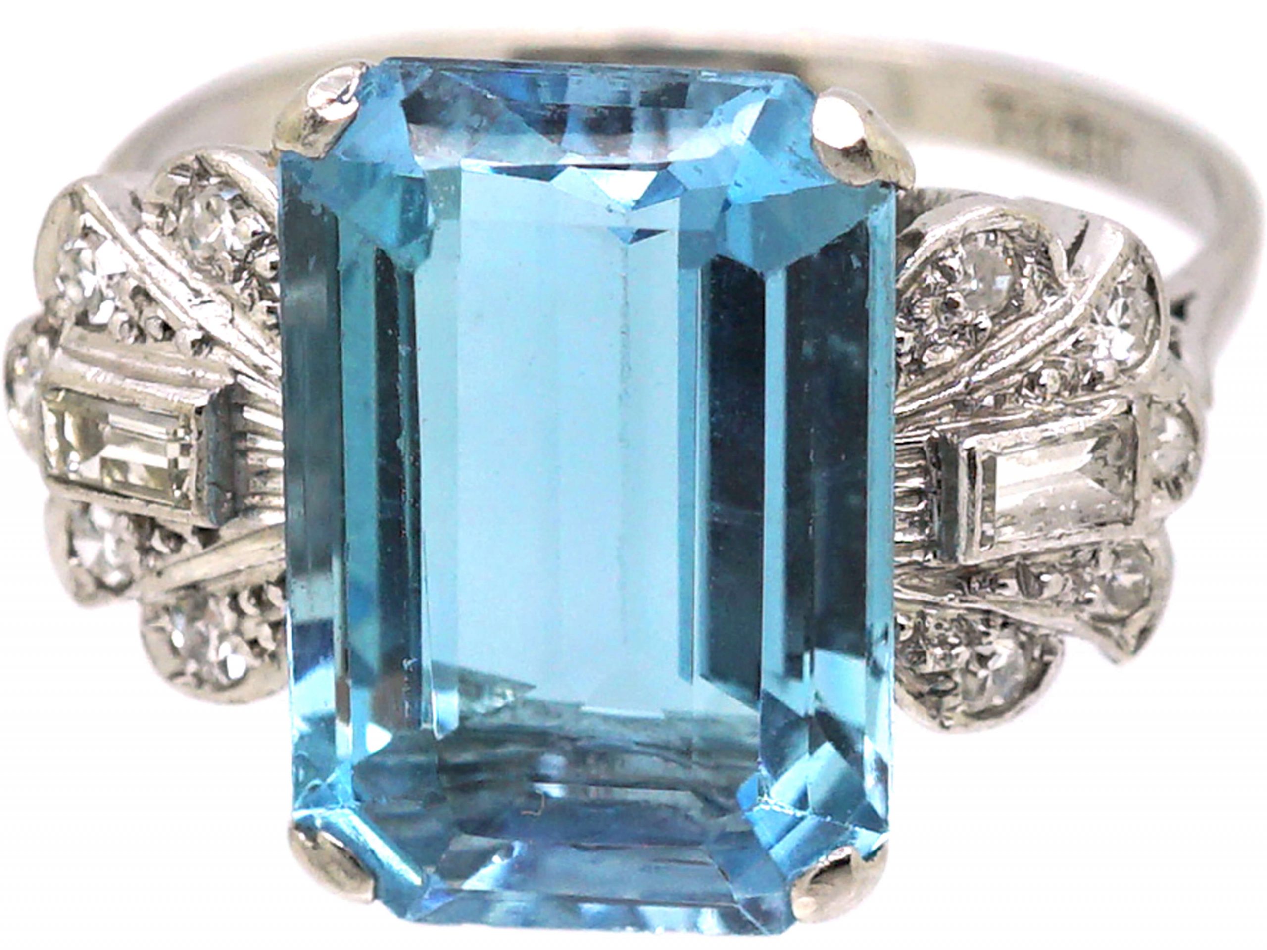 Art Deco Platinum Ring set with a Large Rectangular Cut Aquamarine with ...