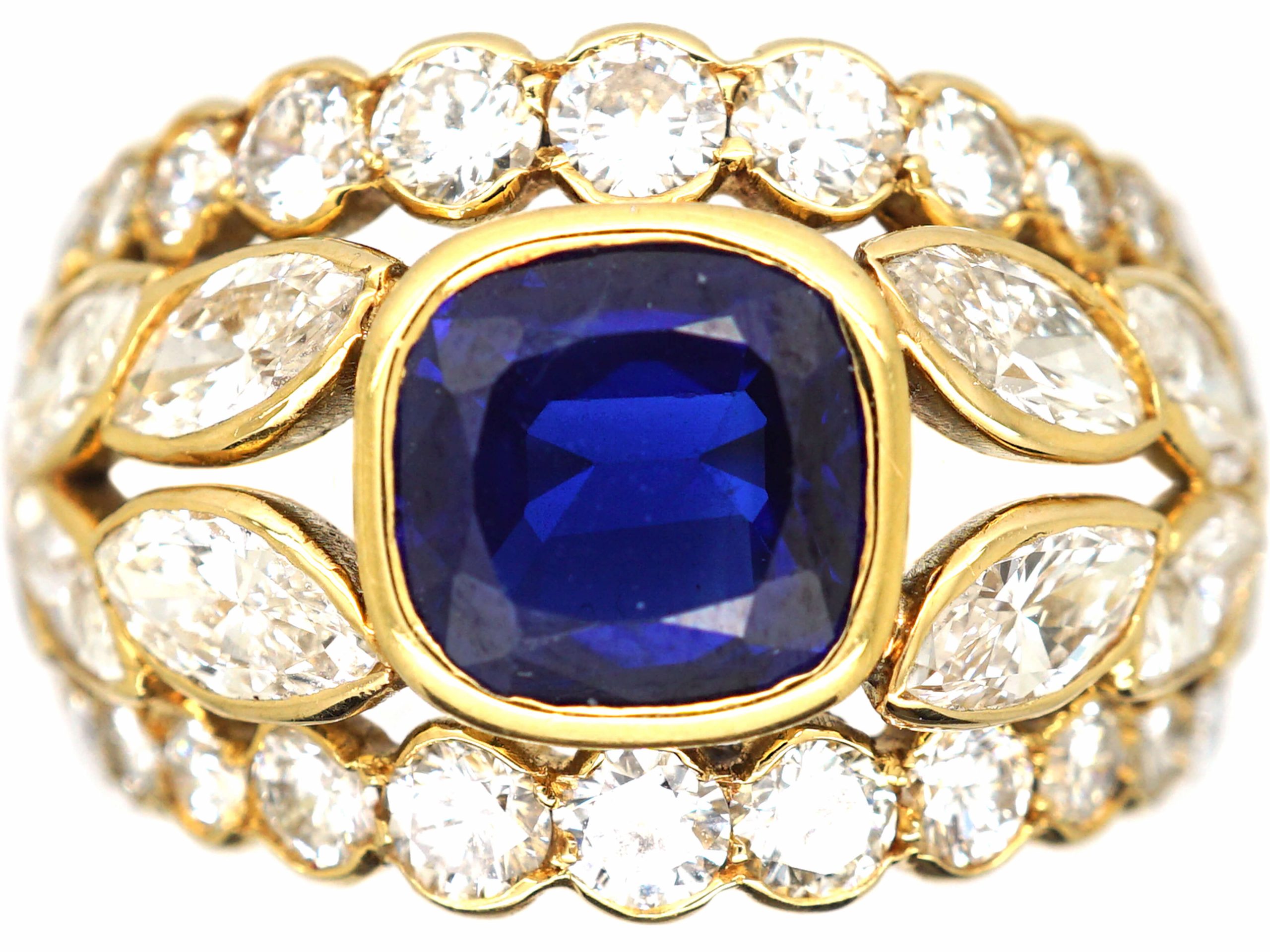 1970s 18ct Gold Wide Dress Ring set with a Sapphire & Marquise & Round ...