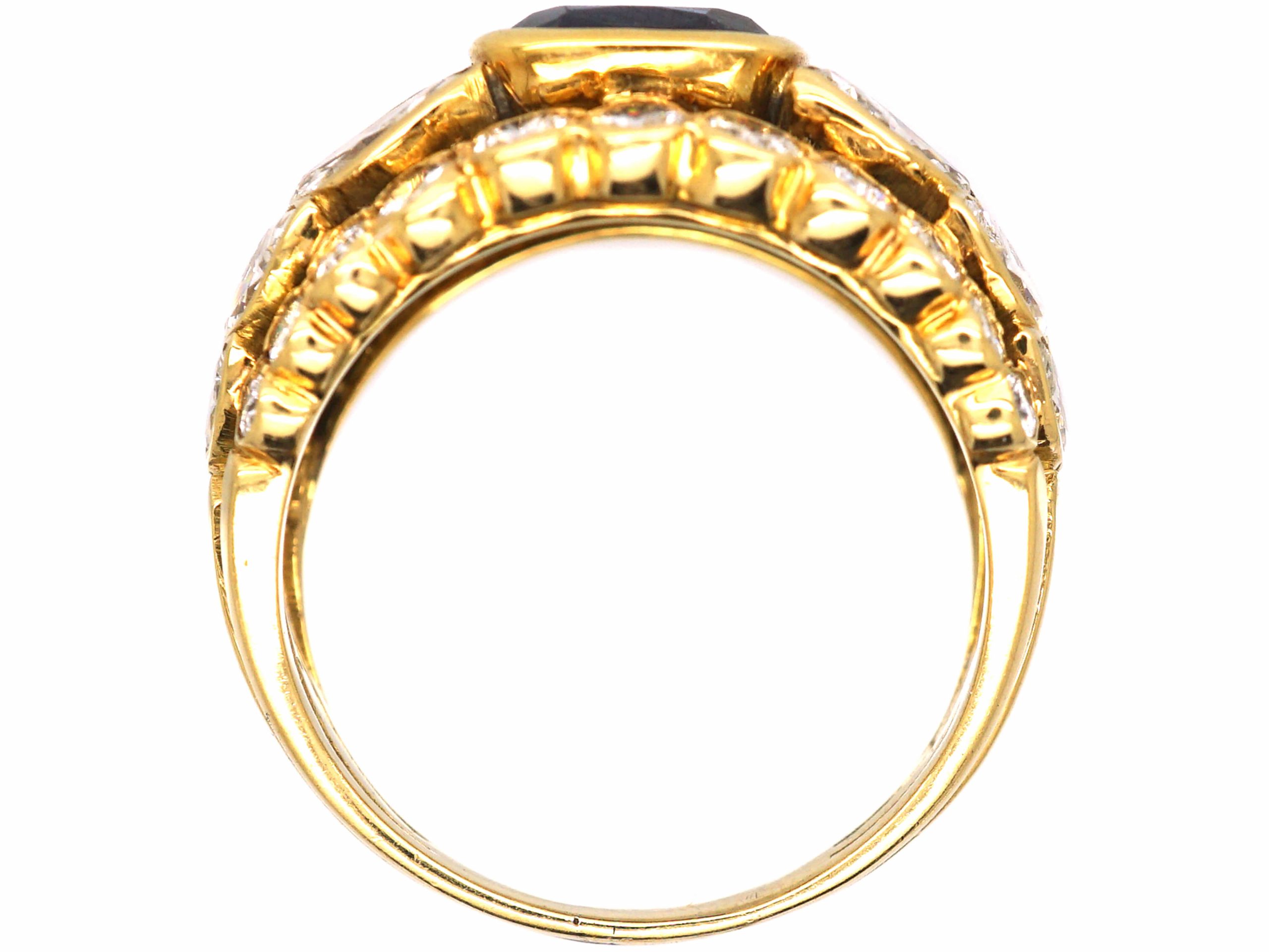 1970s 18ct Gold Wide Dress Ring set with a Sapphire & Marquise & Round ...